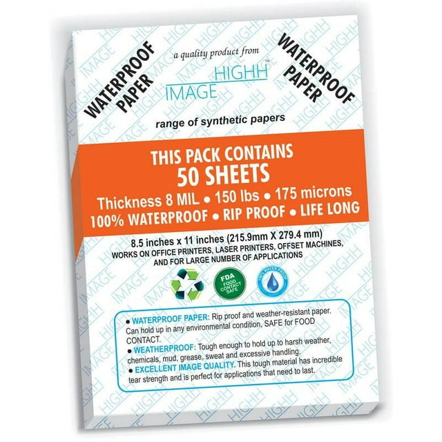 WATERPROOF PAPER 50 Sheets Bulk pack, SYNTHETIC PAPER Thickness 8 MIL ...