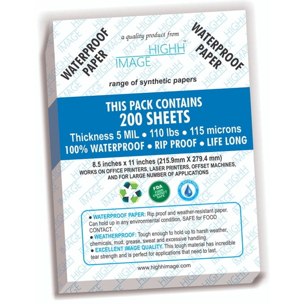 WATERPROOF Paper 200 Sheets, Thickness 5 MIL 110 LB, SYNTHETIC PAPER, 8 ...
