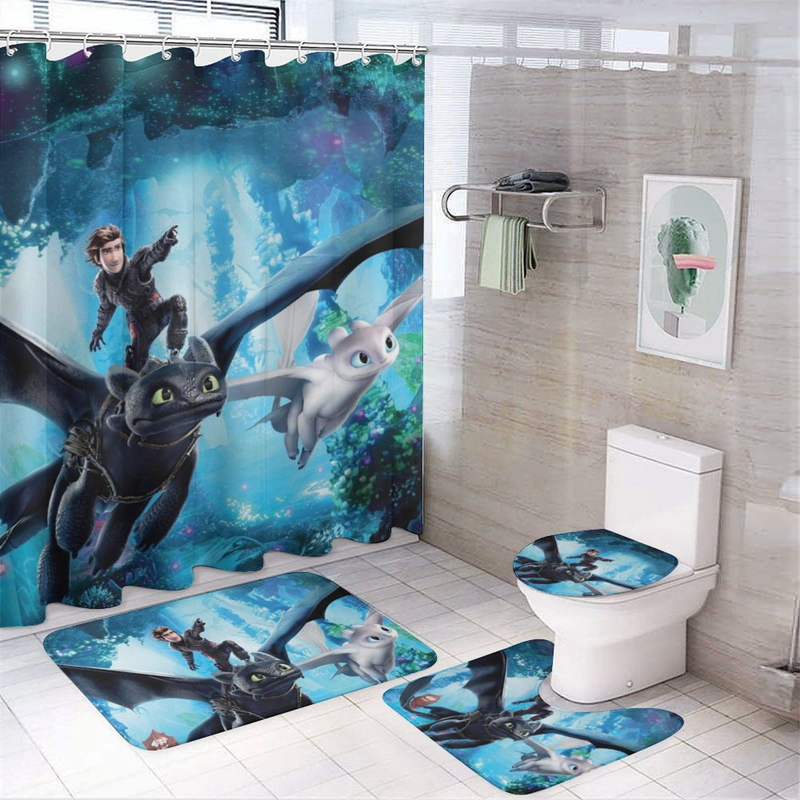 Wauoemy 4 Piece How To Train Your Dragon Shower Curtain Set With 72x72