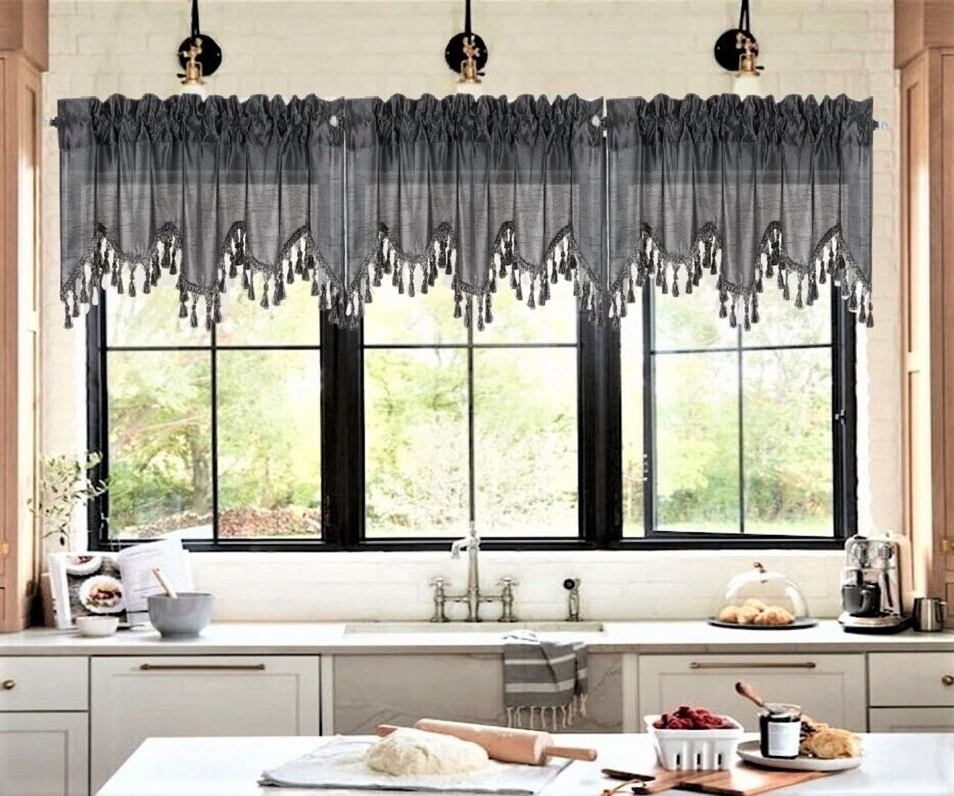 WAVE GRAY CHARCOAL 1 Elegant Faux Silk Rod Pocket Swag Waterfall Ascot ...