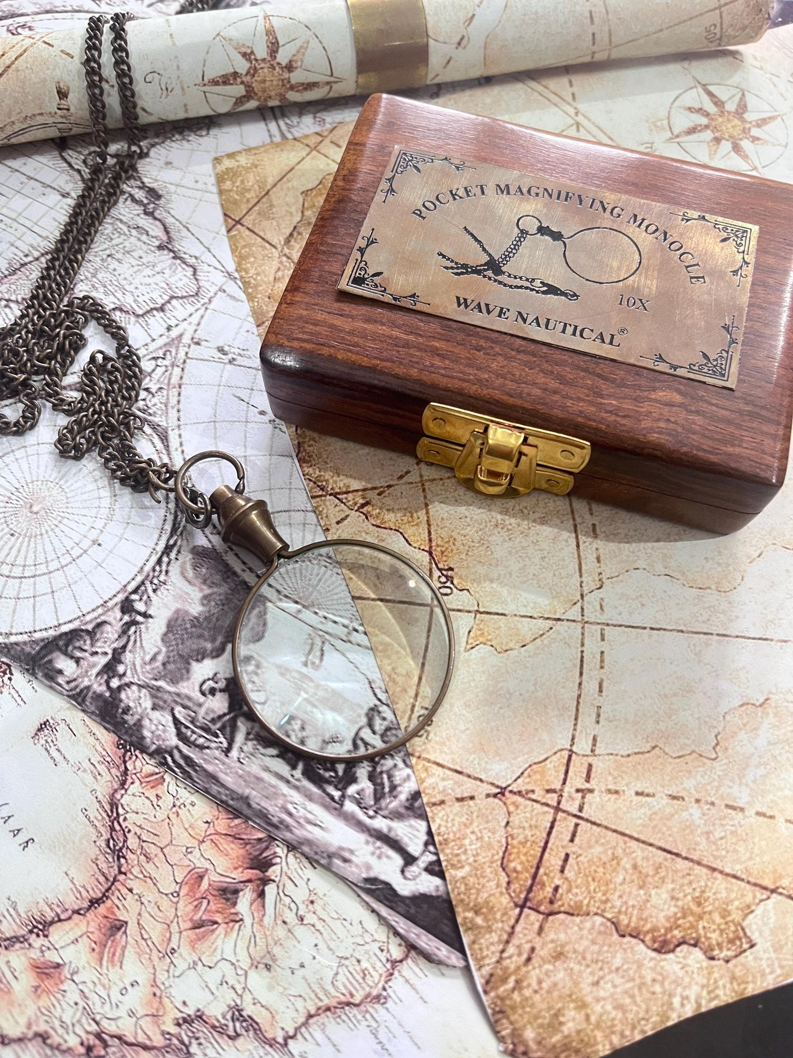 WAVE NAUTICAL-Portable Pocket 10X Magnifiers Antique Brass Chain ...
