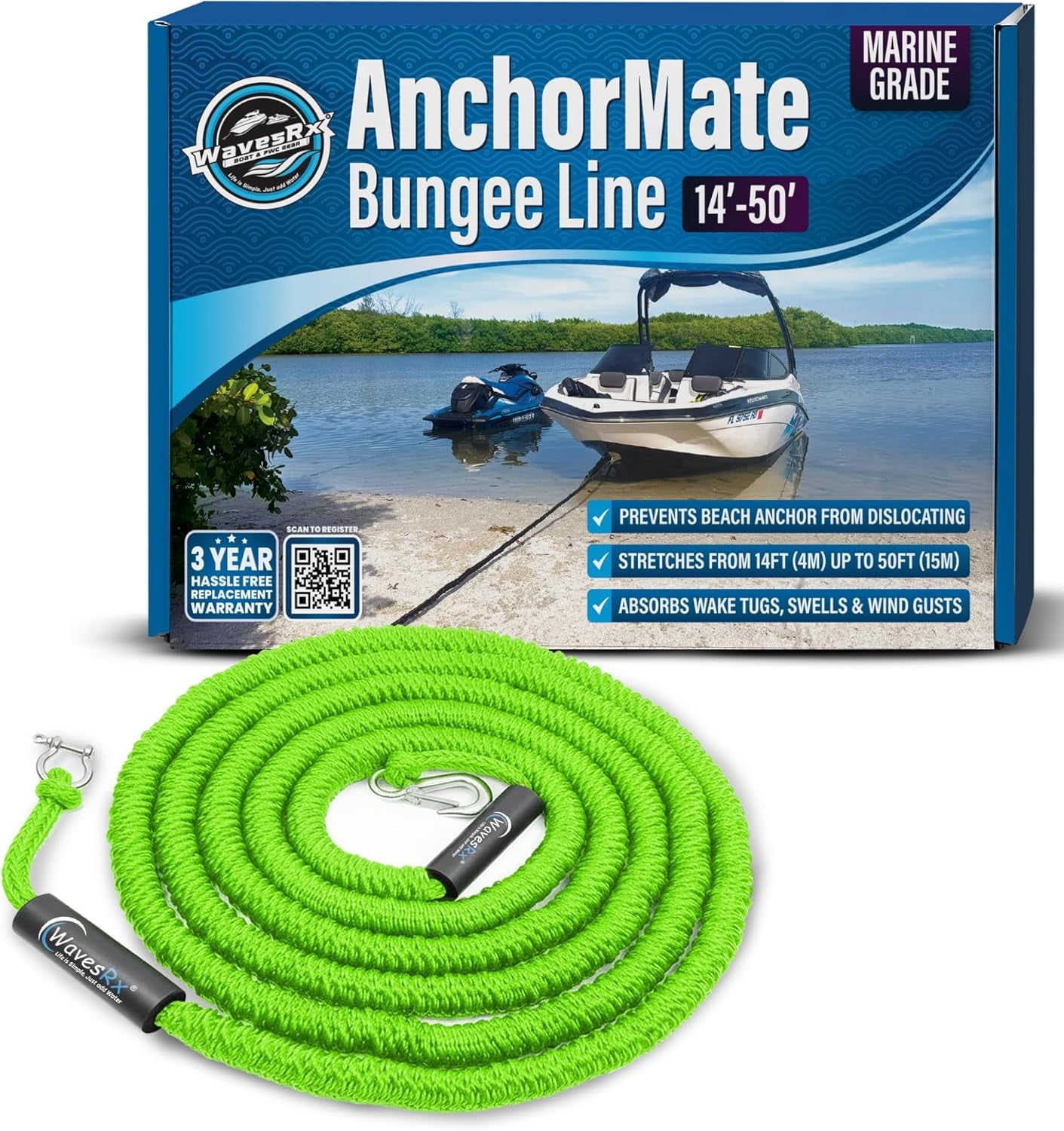 WAVESRX 14'-50' AnchorMate Bungee Line | Safer Anchoring for Boats ...