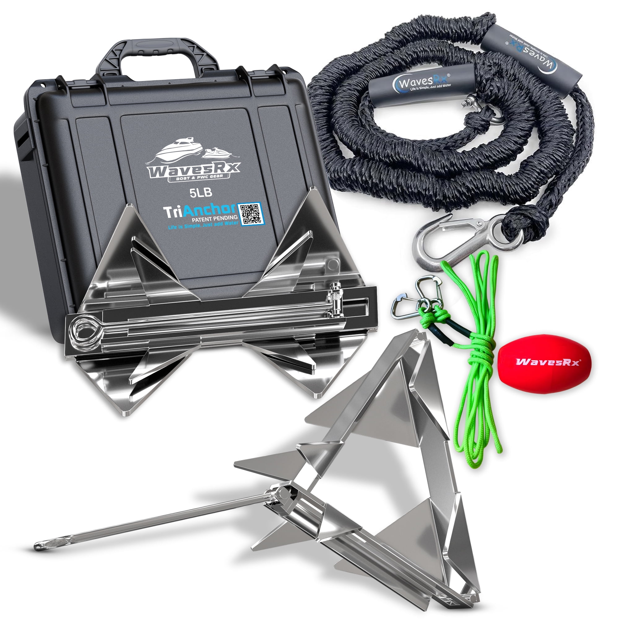 WAVESRX PWC Anchoring Bundle - 5lb TriAnchor with 7ft AnchorMate Bungee ...