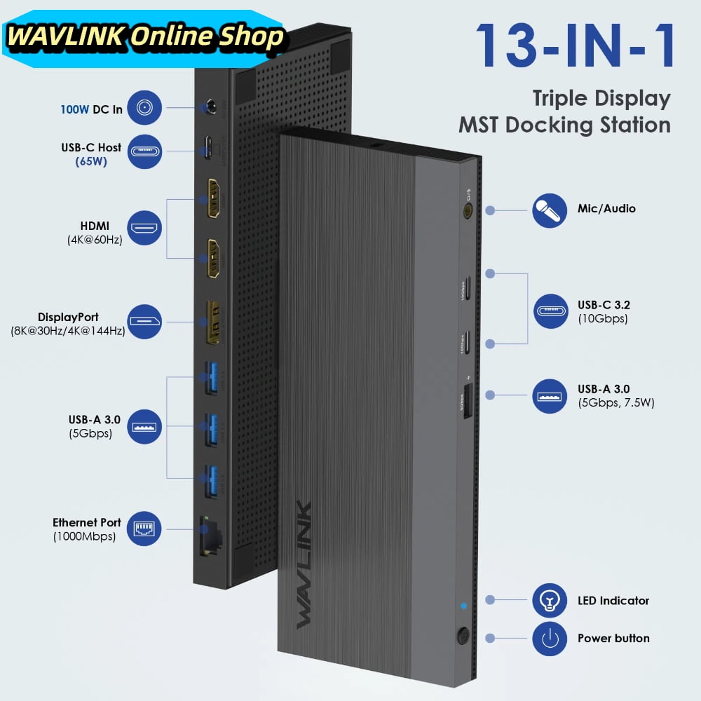 WAVLINK 13-in-1 USB C Docking Station Dual Monitor Triple Display USB Type C to Dual HDMI Dock ...