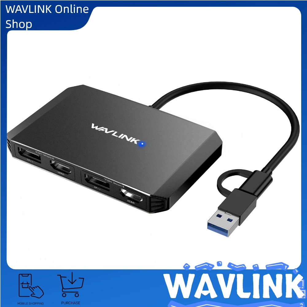 WAVLINK USB 3.0/USB C to DisplayPort and HDMI Adapter, DisplayLink Dual 4K@60Hz Monitor Hub for ...
