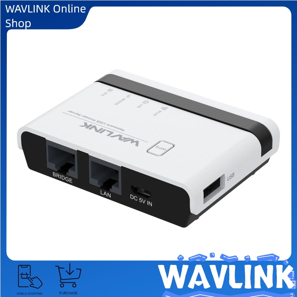 WAVLINK USB Wireless Print Server, WiFi Print Server with 10/100Mbps LAN/Bridge, 480Mbps USB2.0 ...