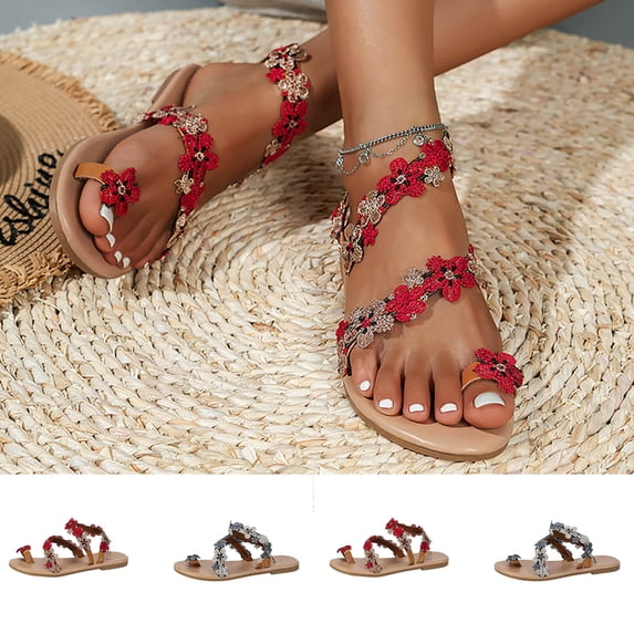 WAVSUF Womens Toe Loop Flat Sandals Anti slip Floral Embroidered Open ...