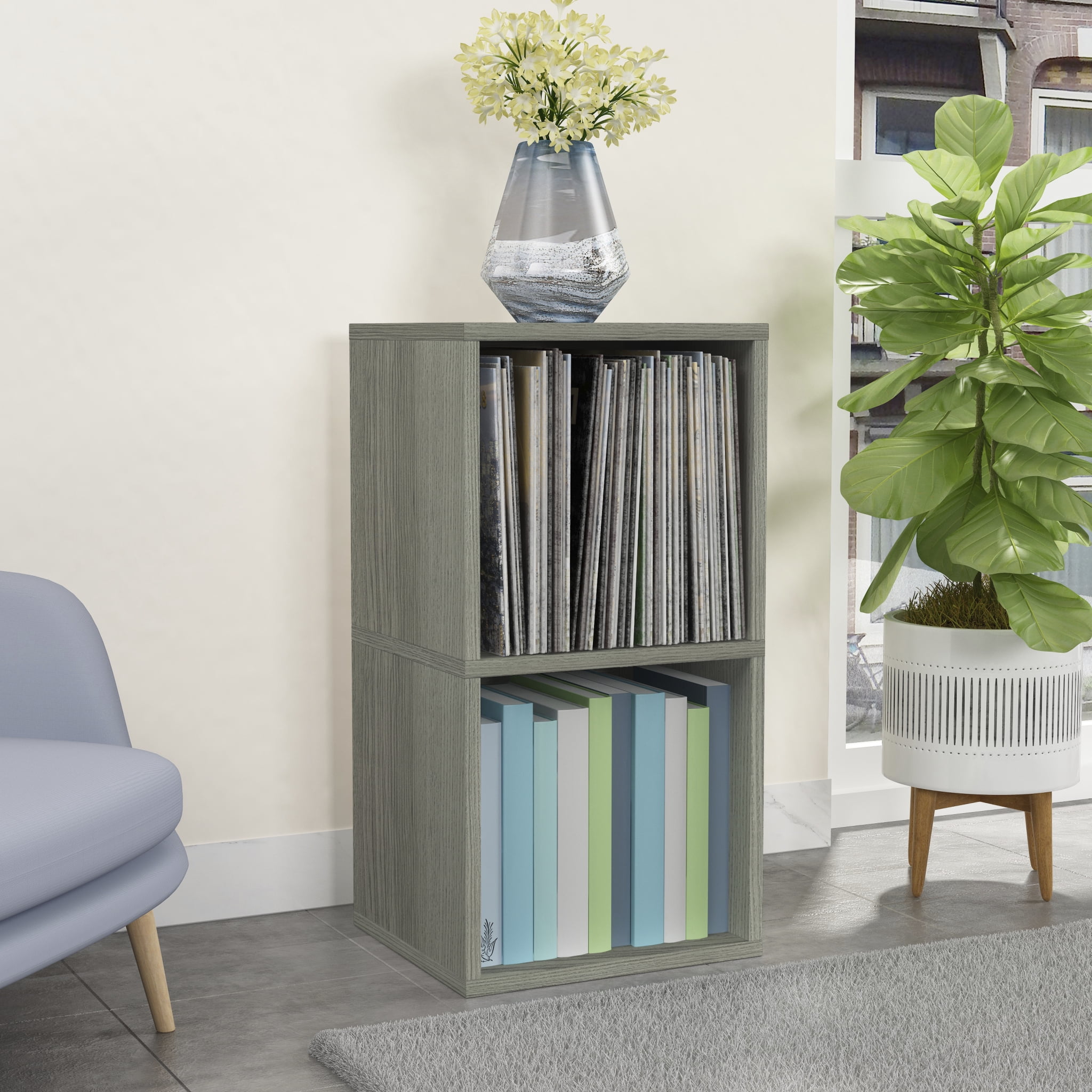 WAY BASICS 2 Tier Vinyl Storage Cube Vintage Turntable Stand Shelf ...
