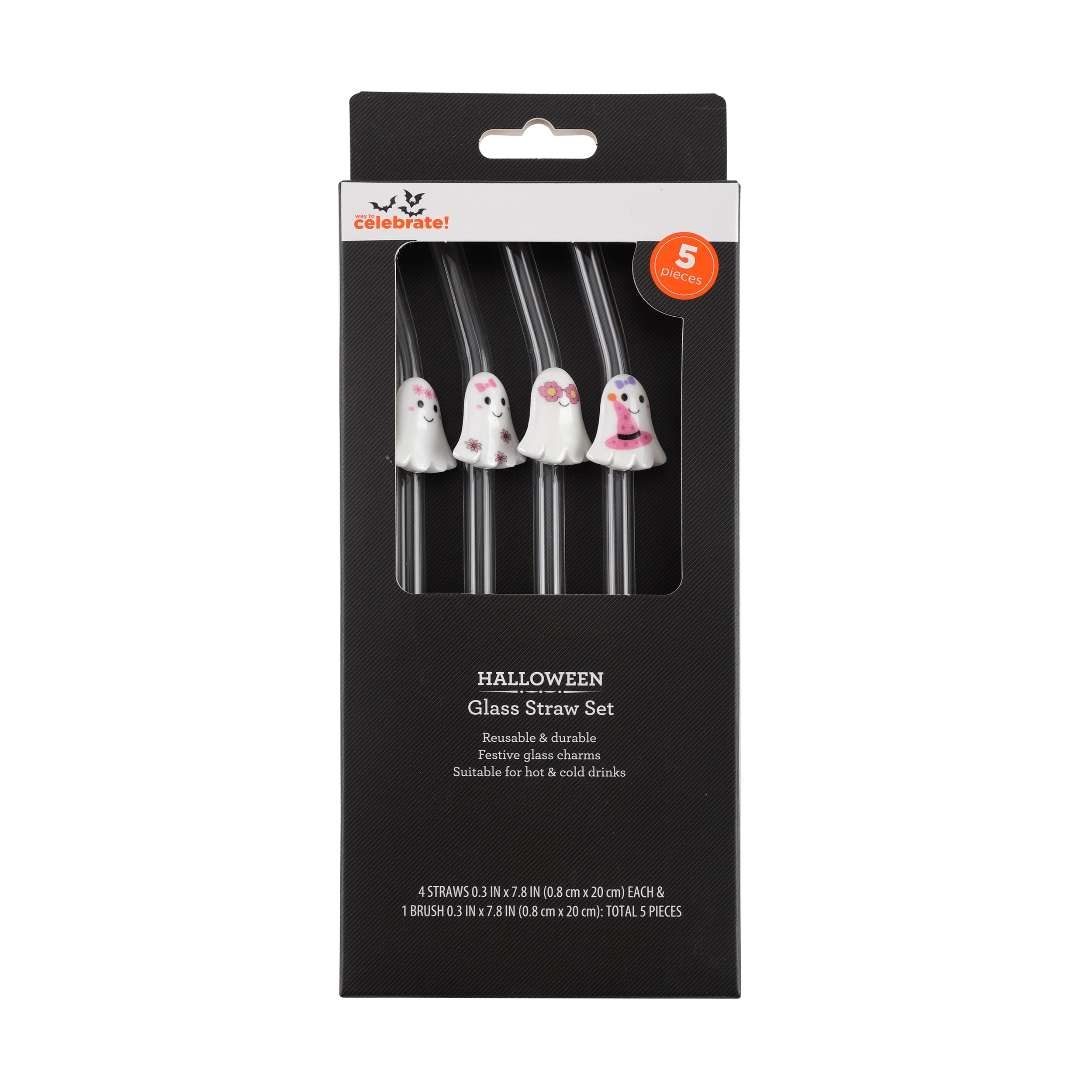 WAY TO CELEBRATE 4 PC GLASS STRAWS SET WITH CLEANING BRUSH PDQ-GHOST ...