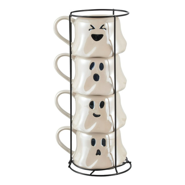 Halloween 13-Ounce White Ghost Stoneware Stackable Mug Set with Iron Rack, by Way To Celebrate ...