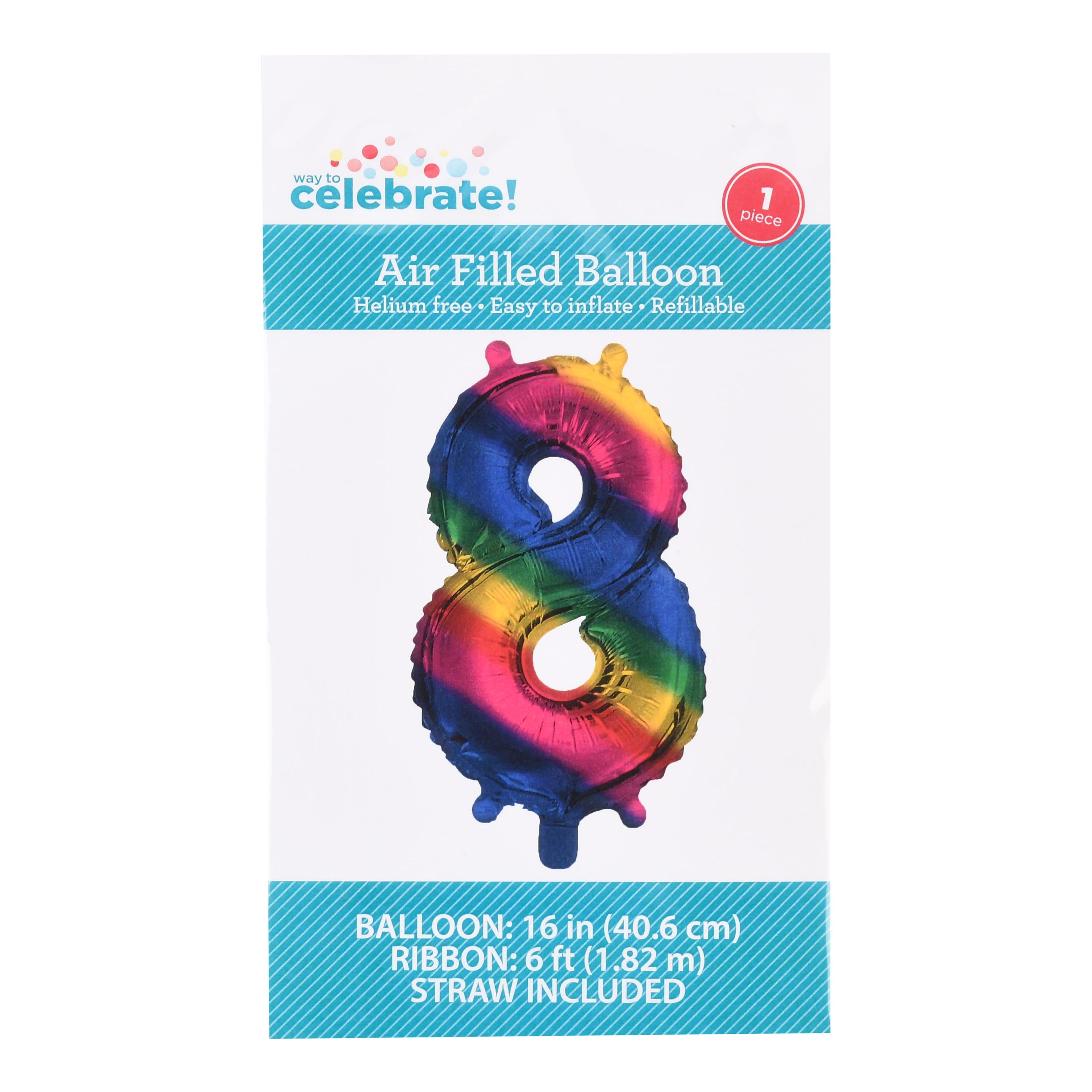 WAY TO CELEBRATE! Rainbow Foil Number 8 Shaped 16" Multi-color Rainbow ...