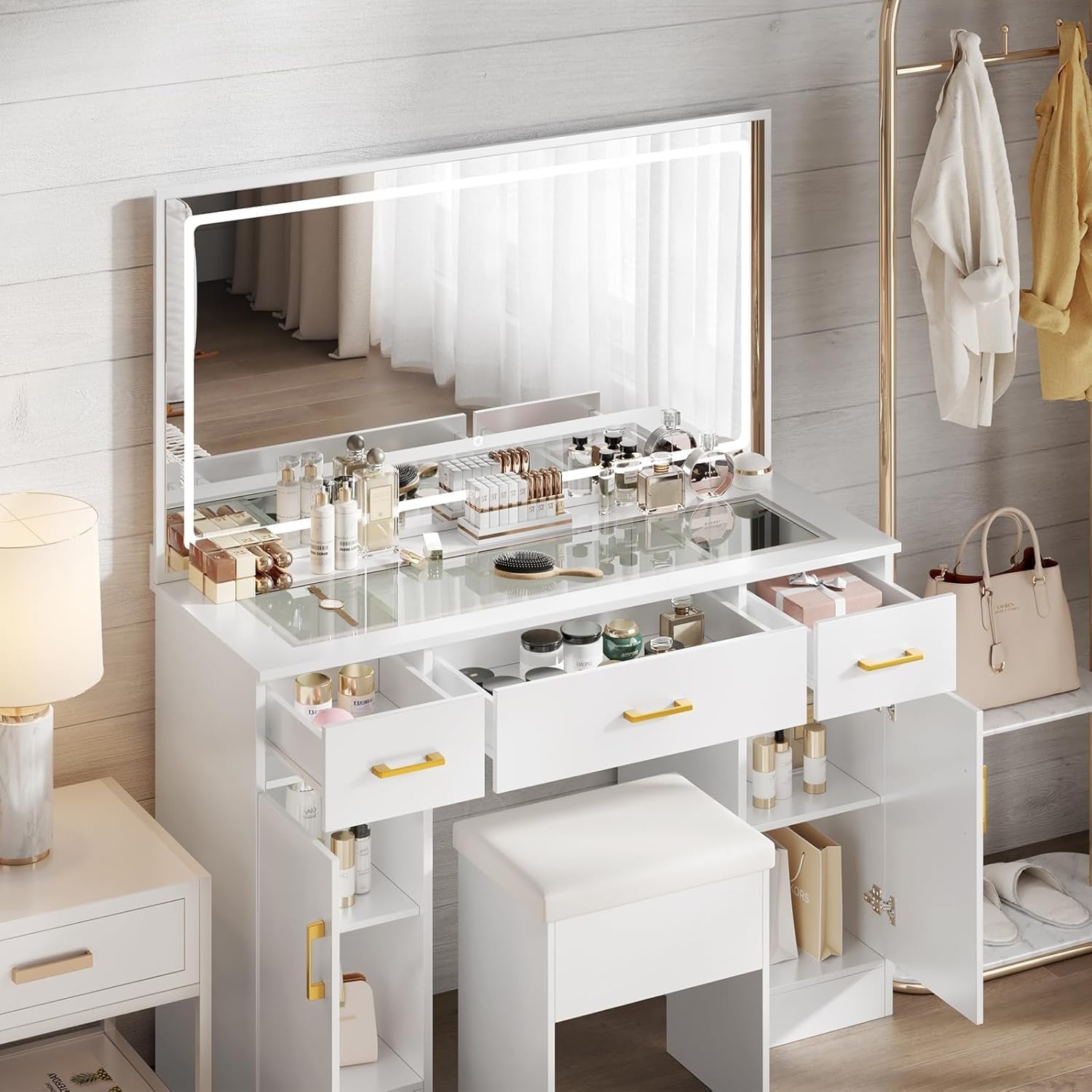 WAYES Clear Glass Top Makeup Vanity Desk Set with LED Mirror, Charging ...