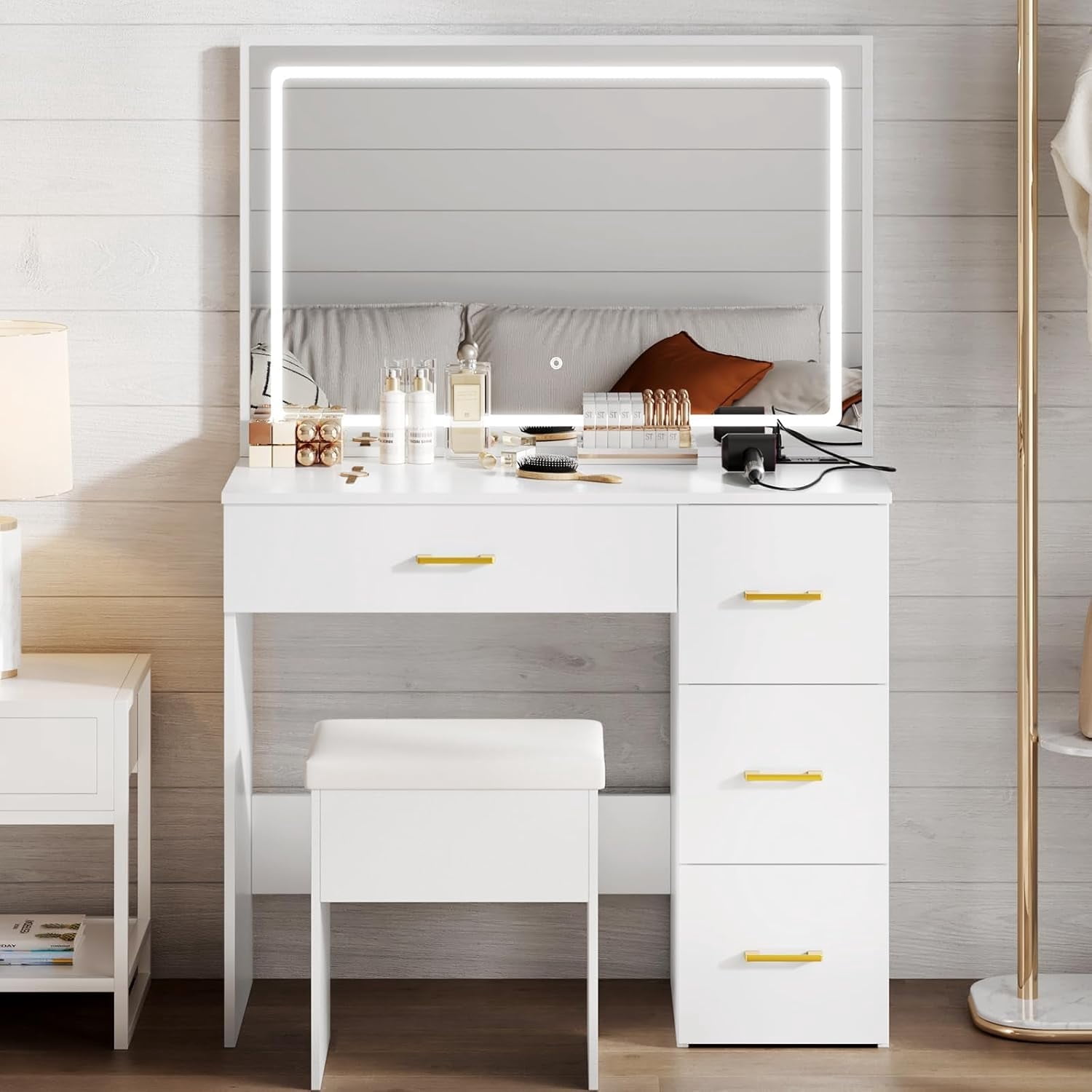 WAYES Makeup Vanity Set with LED Mirror, Charging Station, 4 Drawers ...