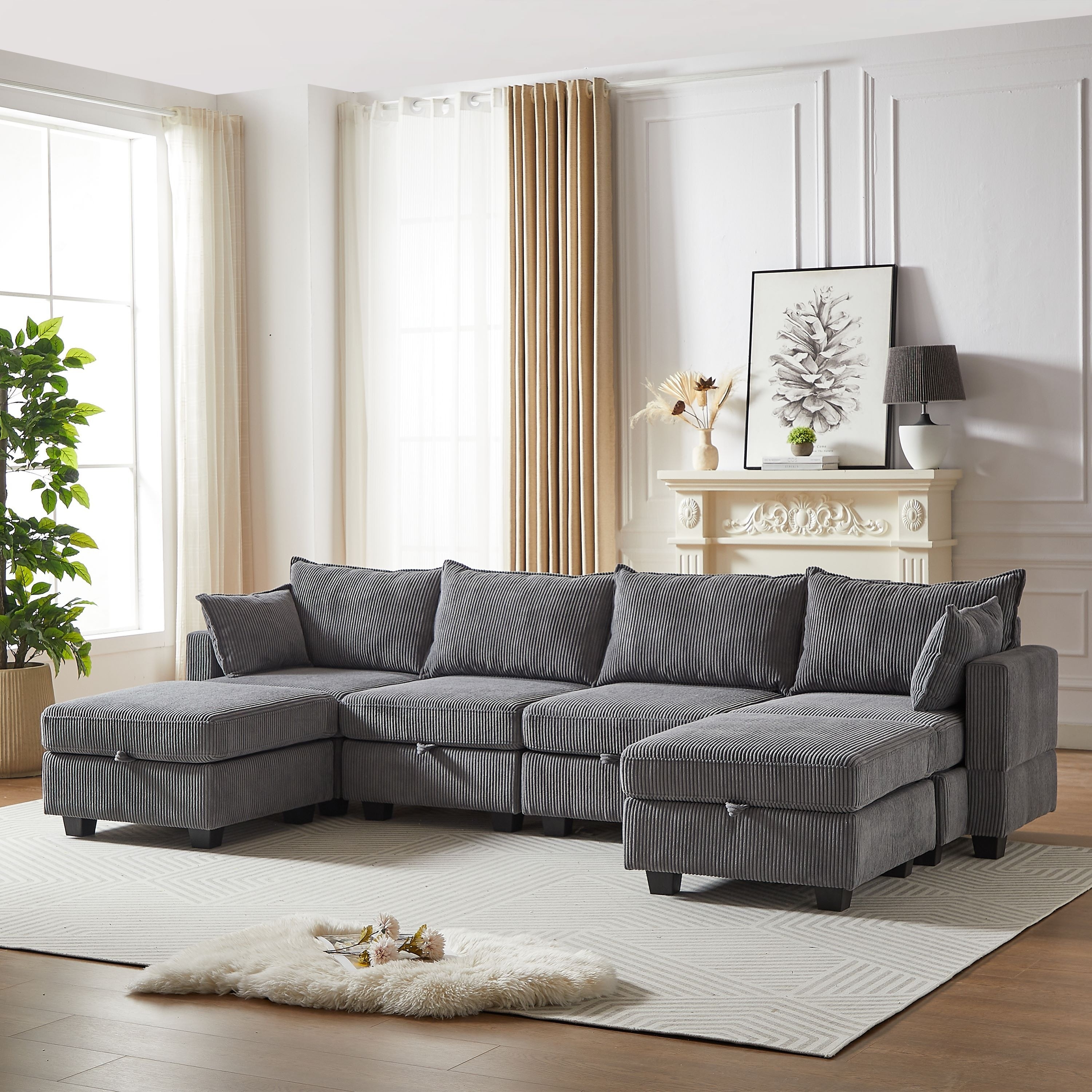 WAYNA FURNITURE Modern Living Room Corduroy U Shaped Sectional Sofa ...
