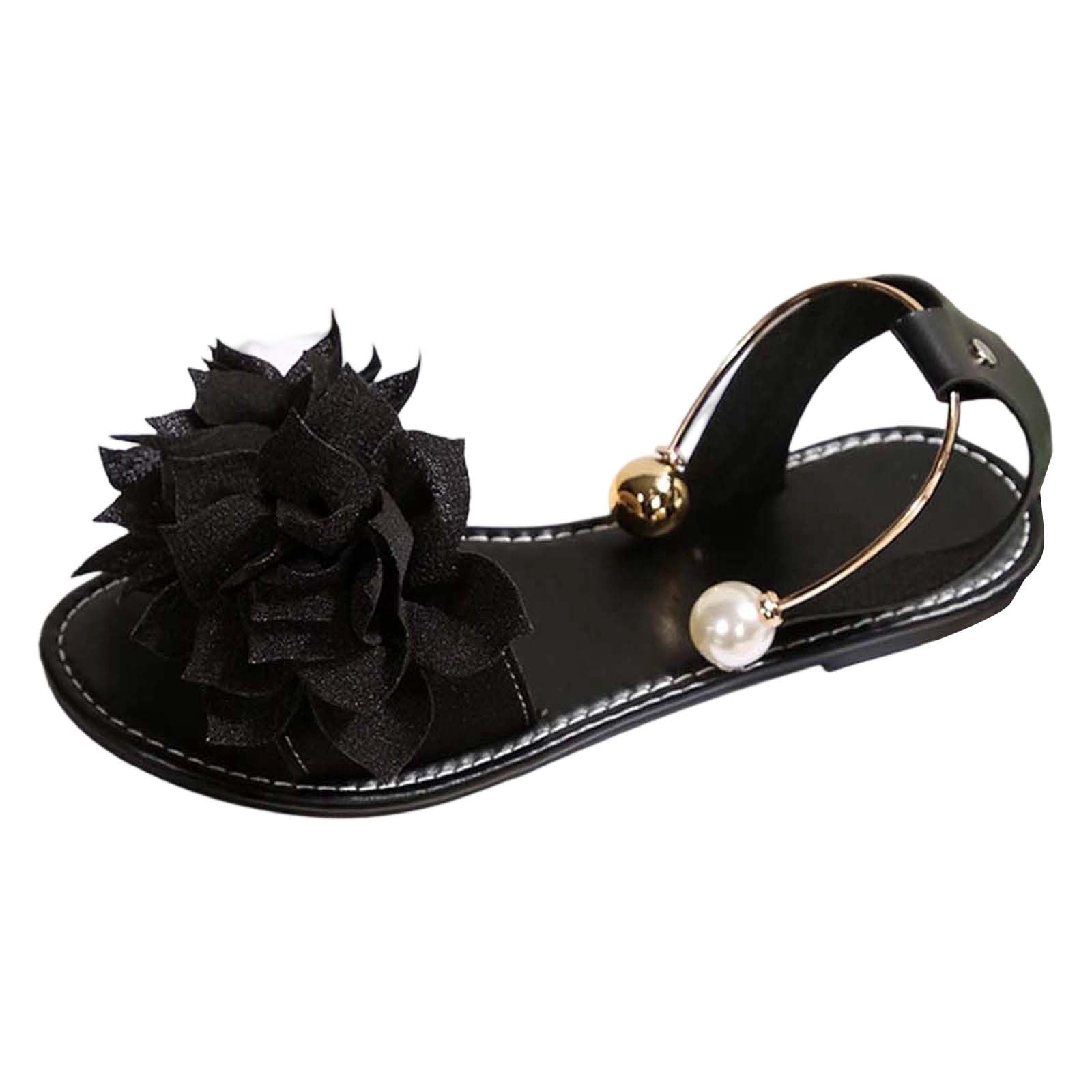 WAYUTE Sandals Women Elegant Floral Design Flat Sandals Slip On Pearl ...