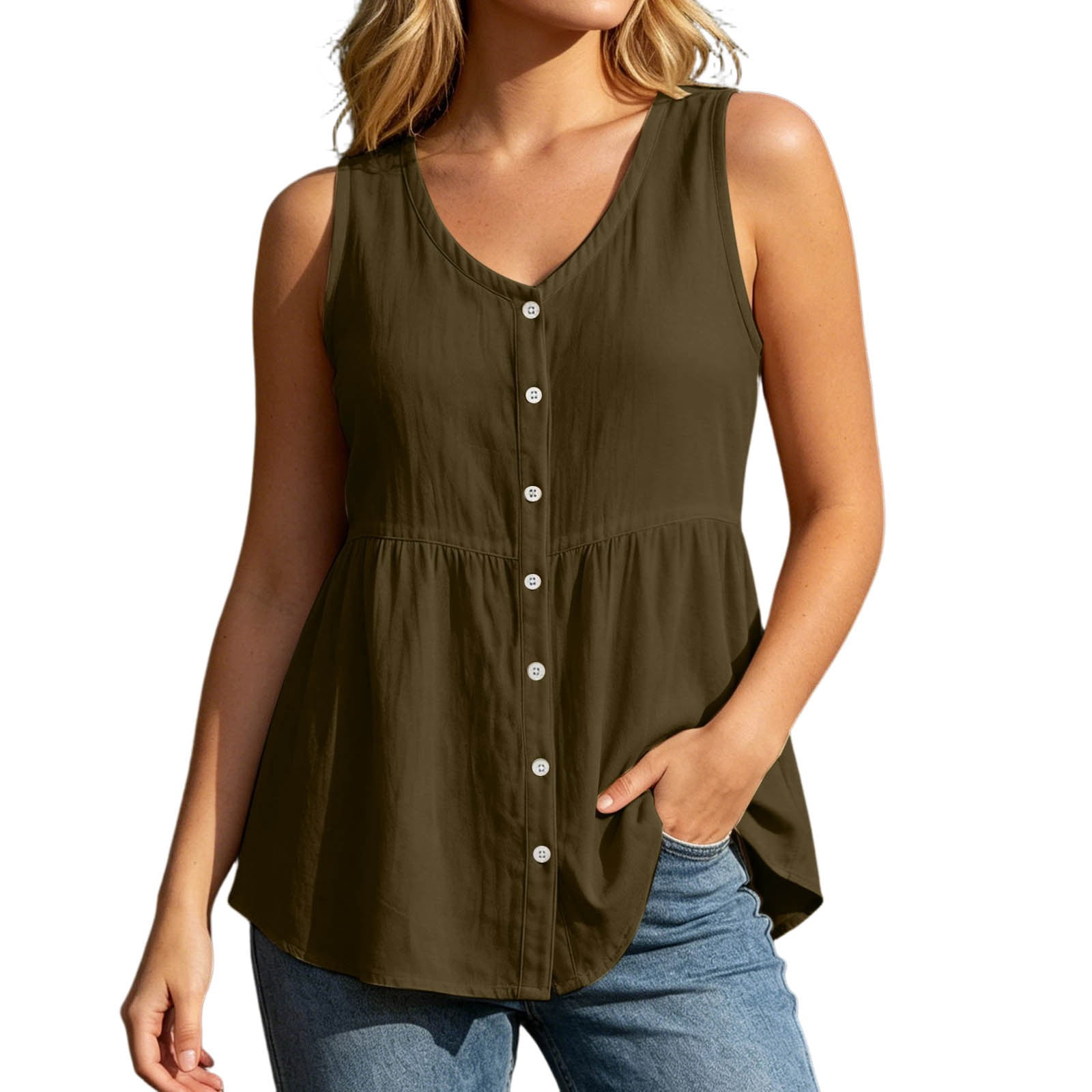 WAYUTE Women's Tank Tops V Neck Sleeveless Button Front Loose Summer ...