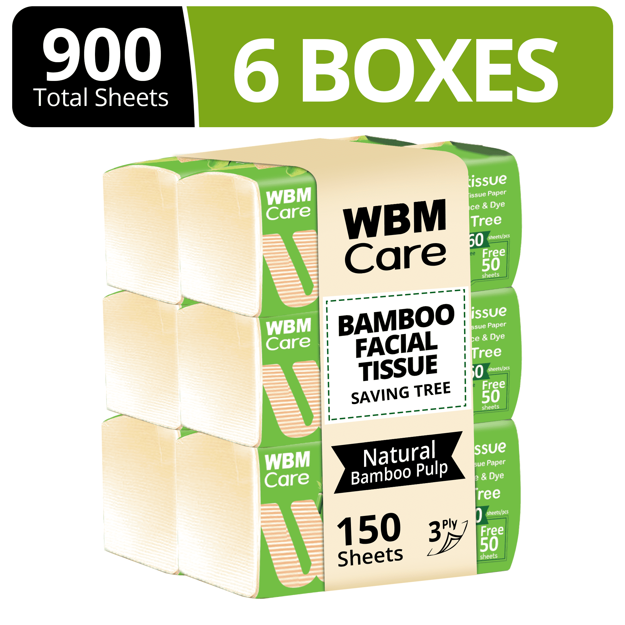 WBM Bamboo Fiber, 3-Ply Facial Tissues, 6 Packs (900 Total), Health ...