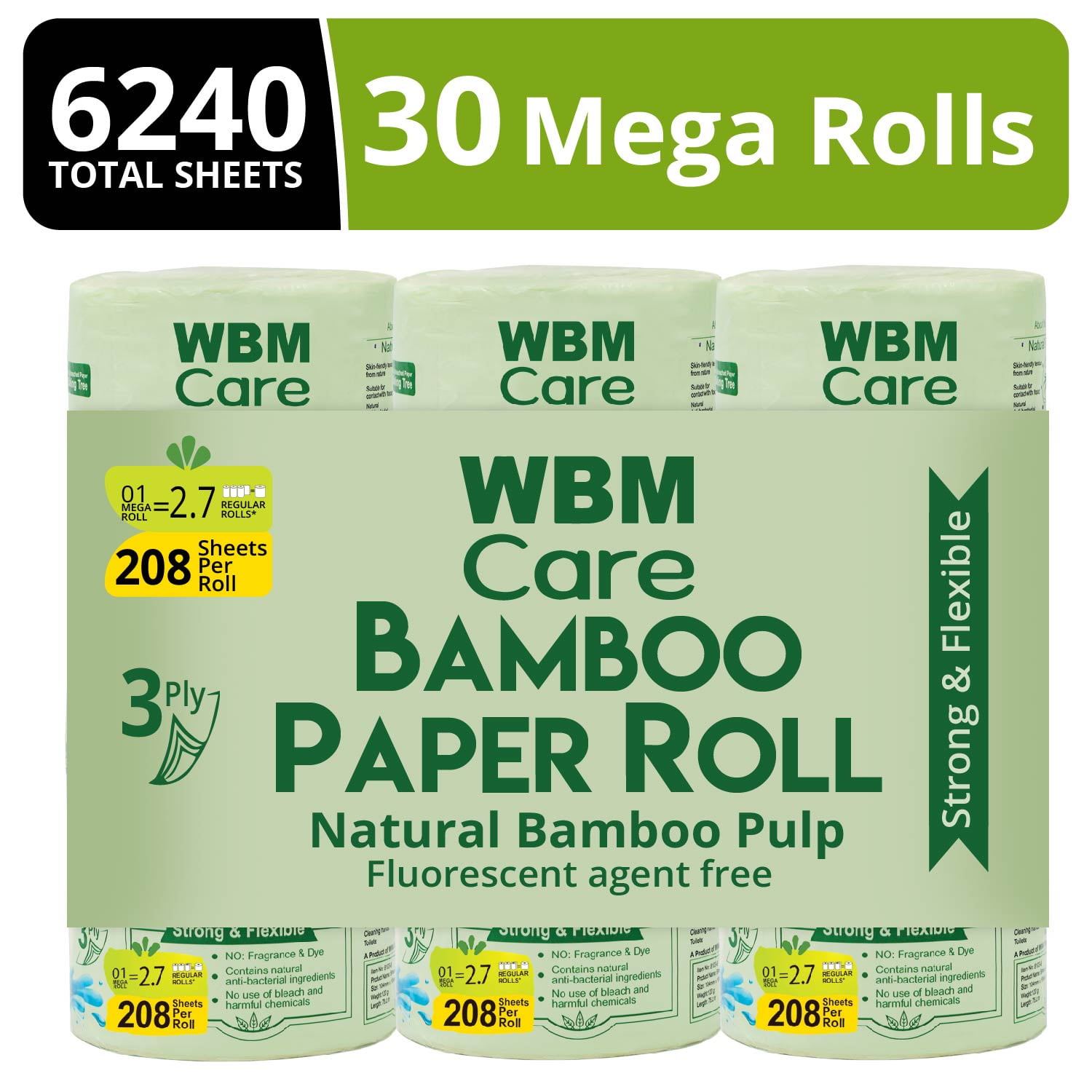 WBM 100% Biodegradable Bamboo Fiber Toilet Tissue, 3-Ply, 208 Sheets ...