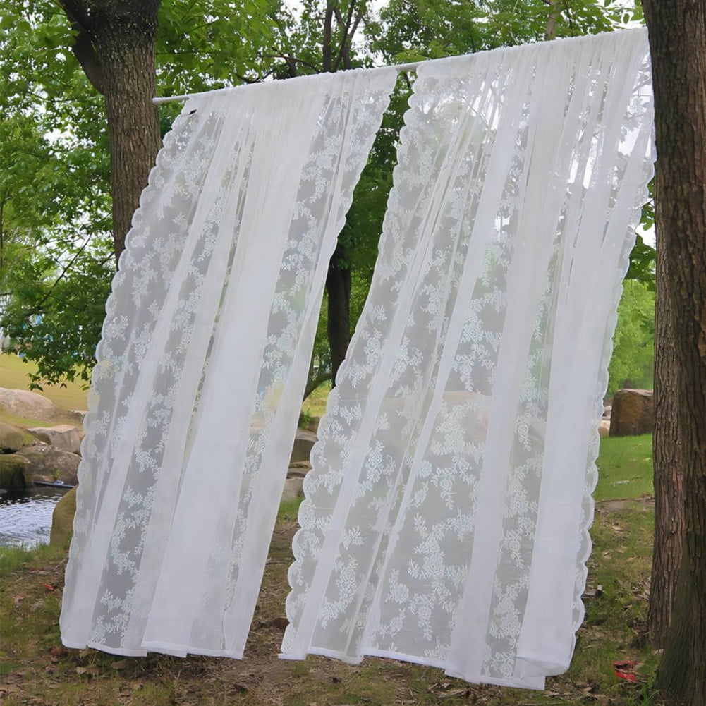WBQ 2 Panels White Lace Curtains, Rod Pocket Lace Floral Semi Sheer ...