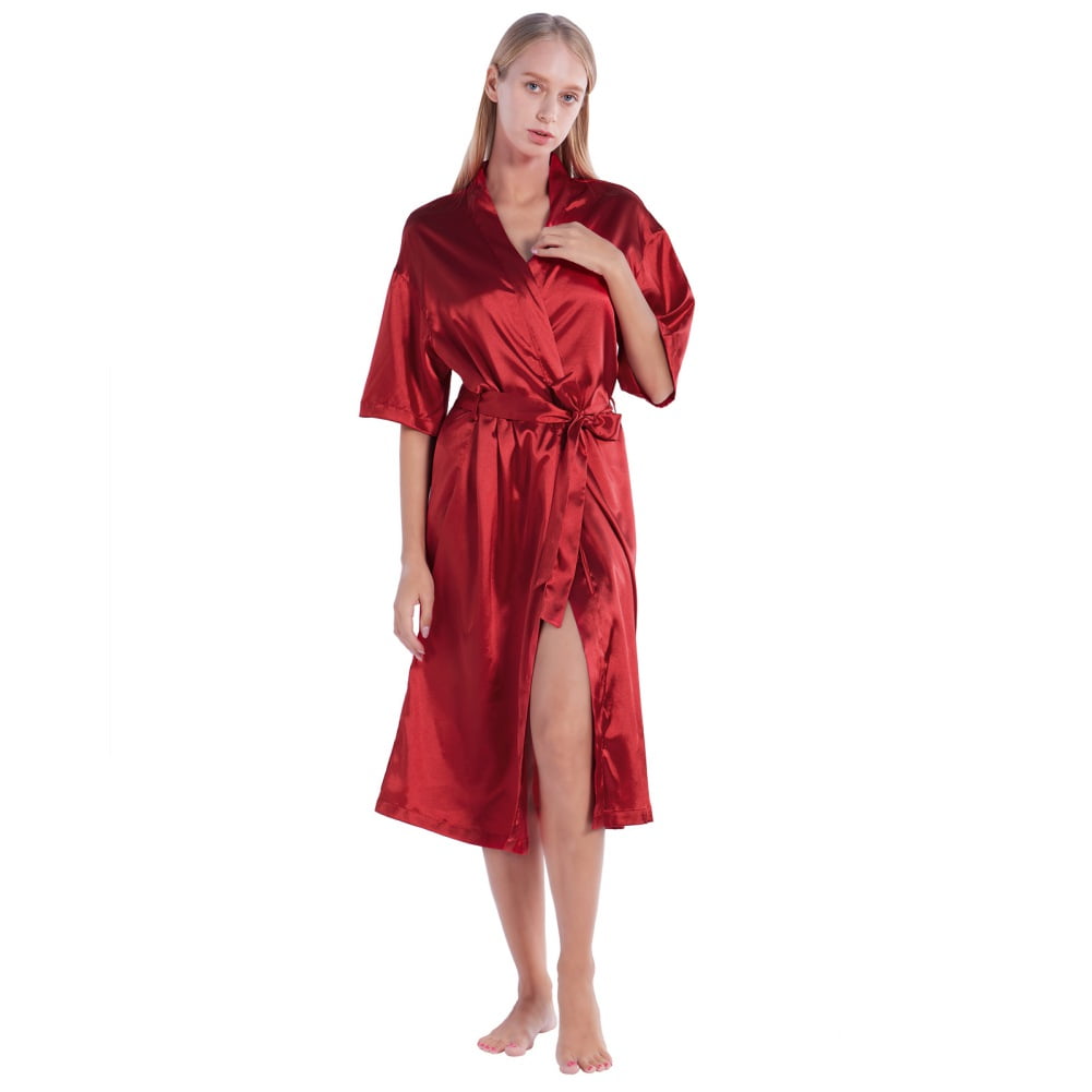 WBQ Couple's Silky Satin Robes with Belt Kimono Satin Bathrobe for ...