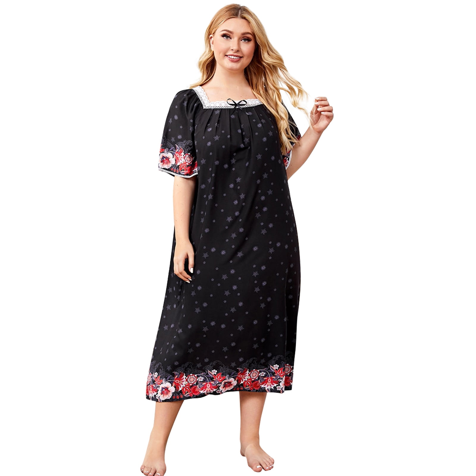 WBQ Long Nightgown Womens Plus Size Sleepwear Short Sleeve Sleep Dress ...
