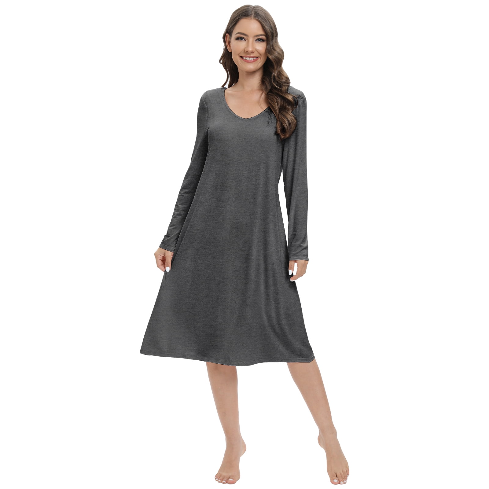 WBQ Long Sleeve Nightgowns for Women Sexy Night Shirt Round Neck Sleep ...