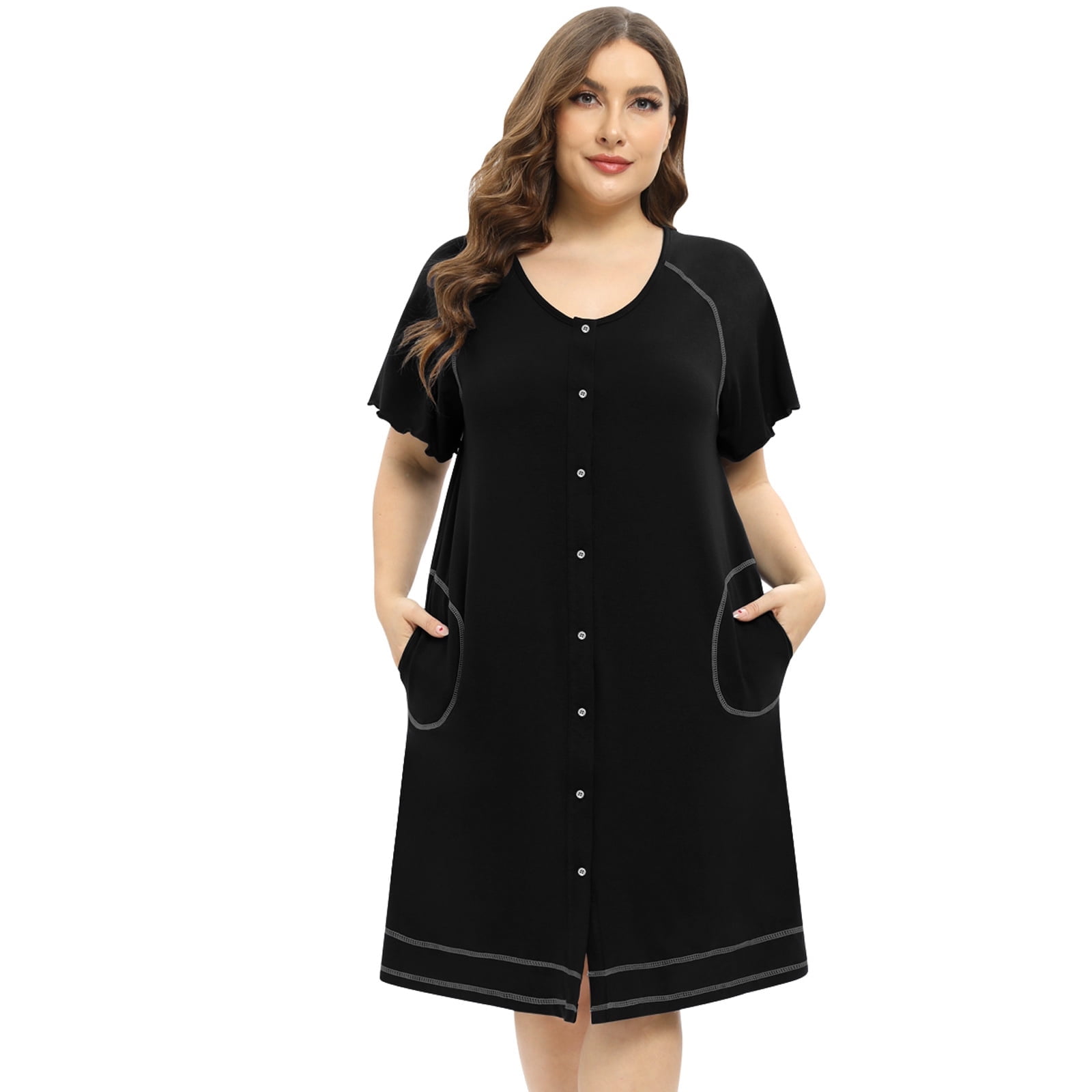 WBQ Plus Size House Dress for Women with Pockets Button Front Housecoat Robe Duster Raglan Short ...