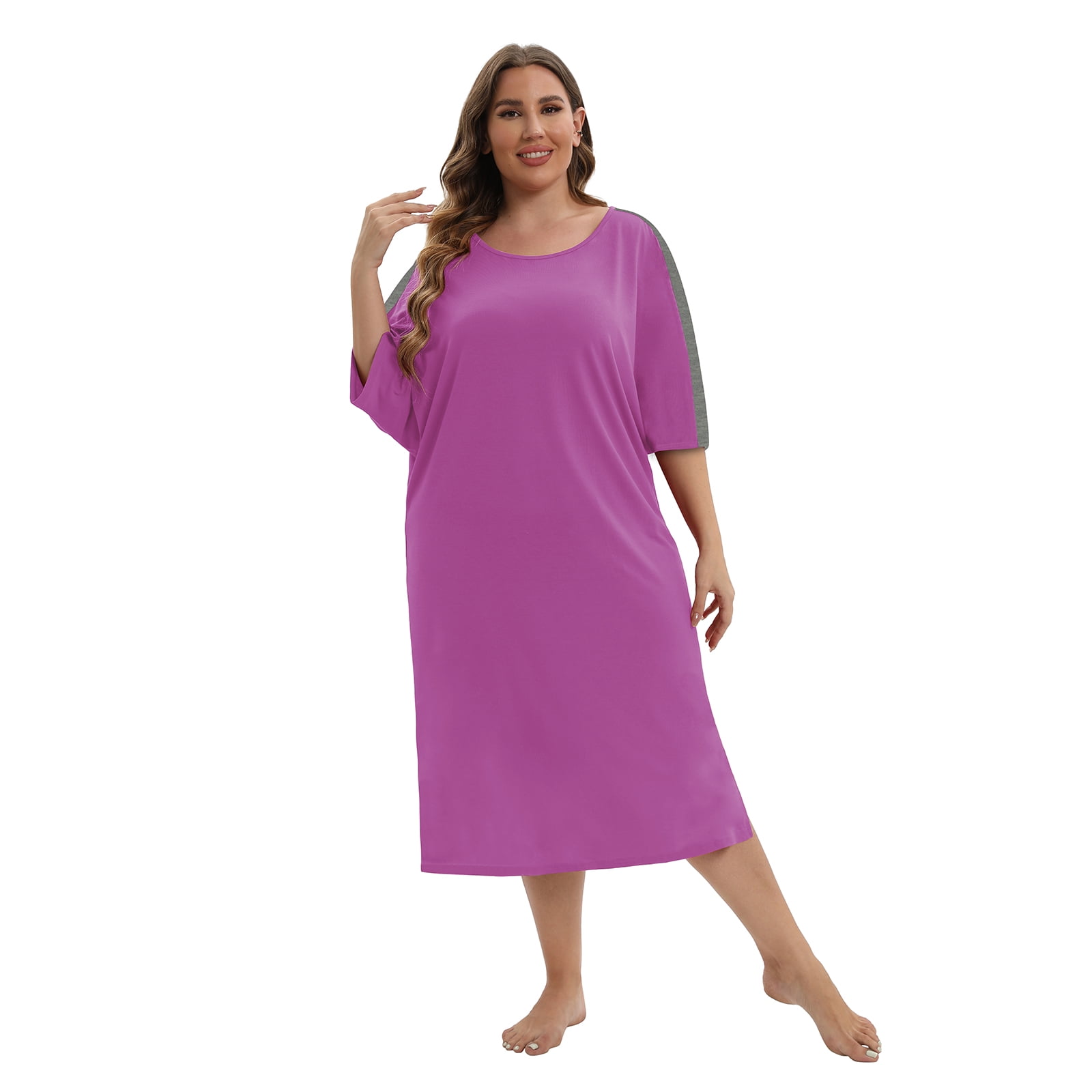 WBQ Plus Size Nightgown for Women Color Block Half Sleeve Round Neck ...