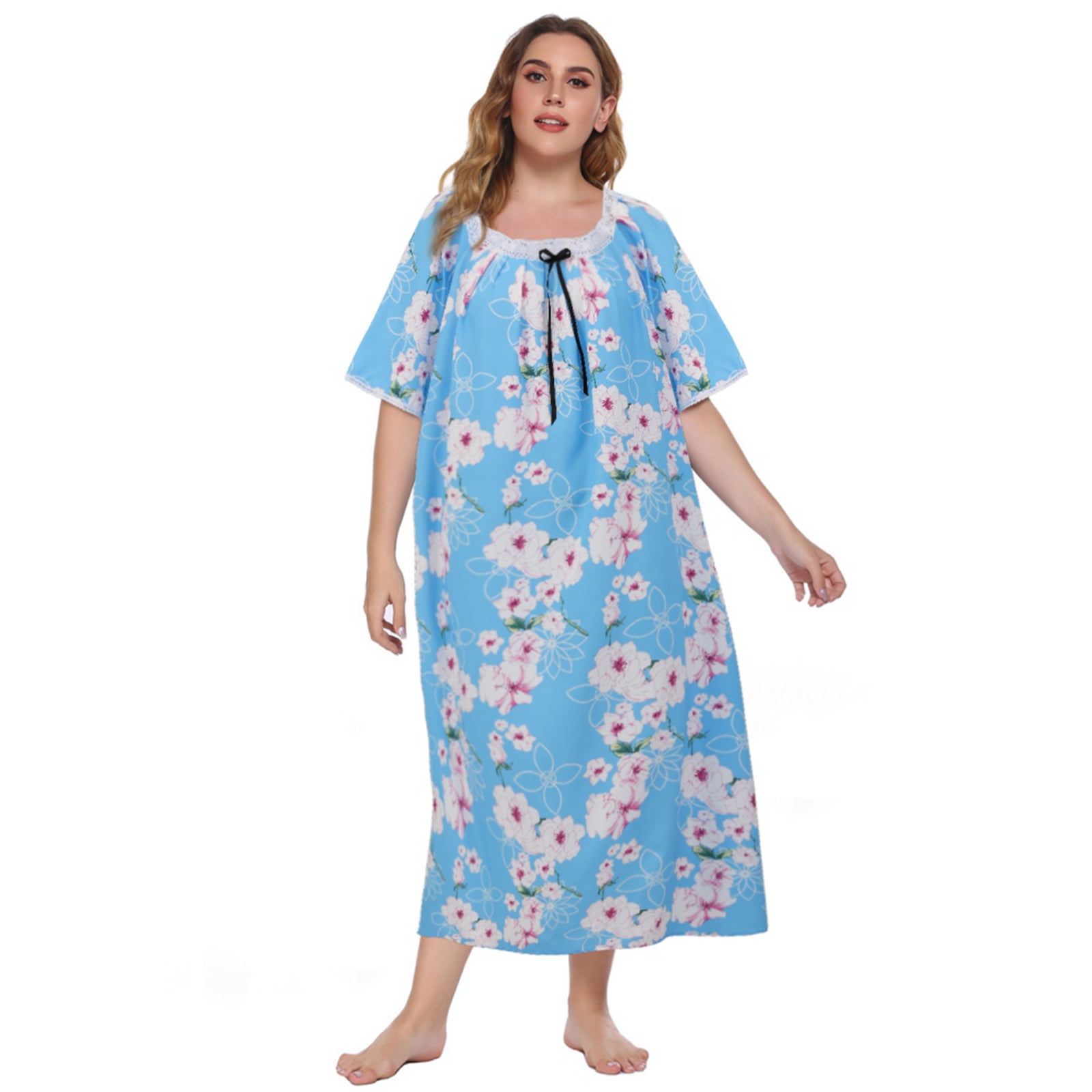 WBQ Plus Size Women Floral Nightgown,Square Neck Sleepwear Casual Nightshirt With Lace Trim,Long ...