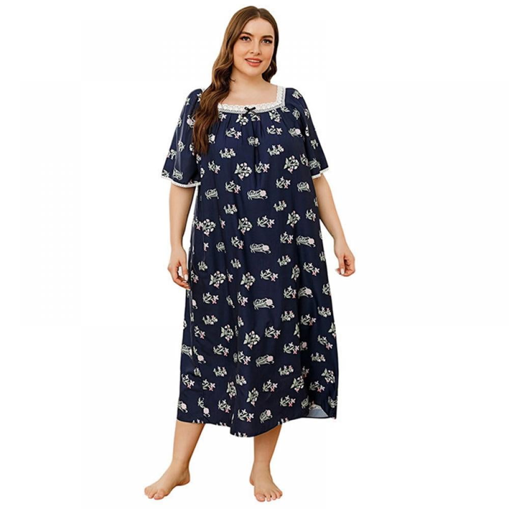 WBQ Plus Size Women Nightgown Short Sleeve Floral Print Nightdress ...