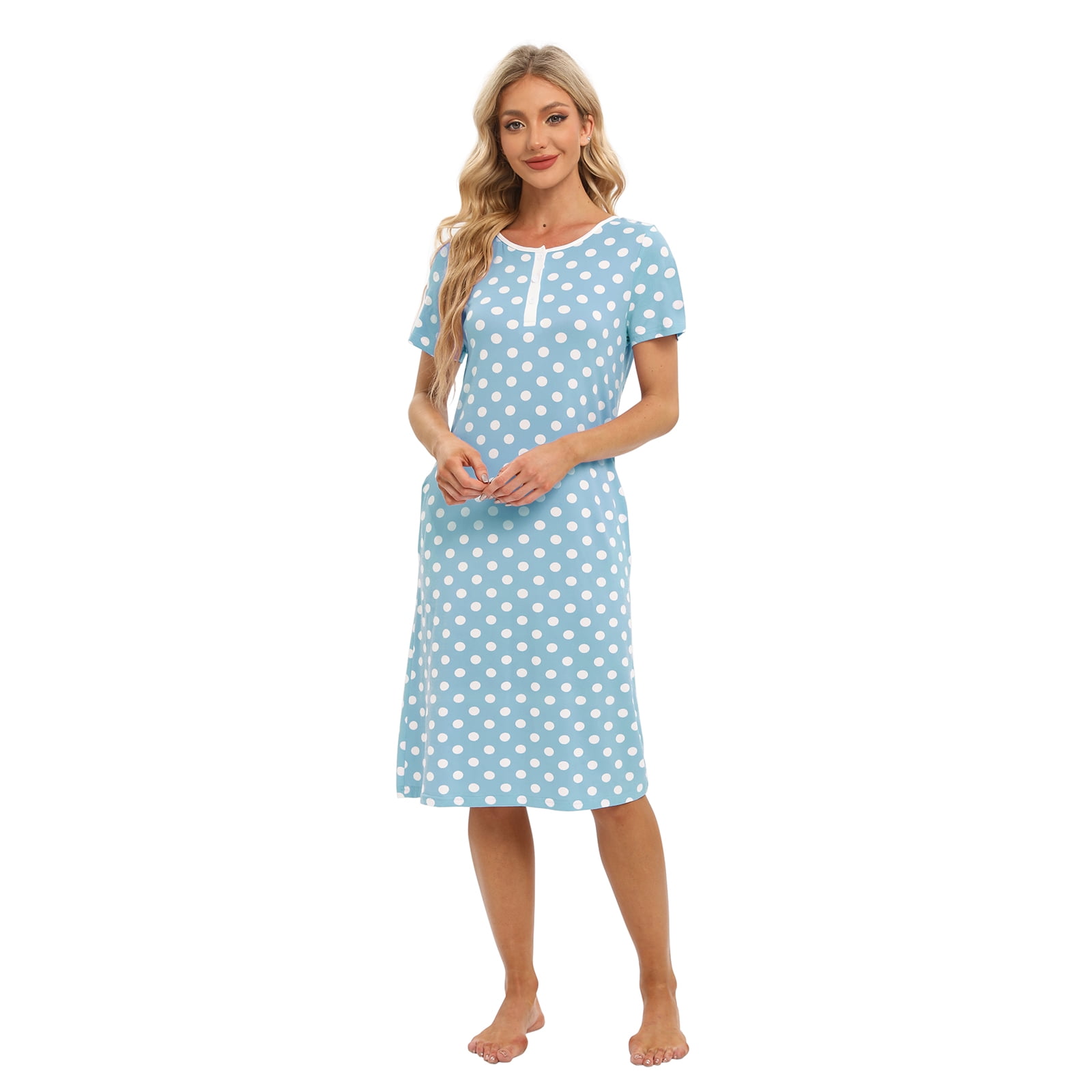 WBQ Polka Dot Nightgowns for Women Soft Cotton Sleepwear O Neck House ...