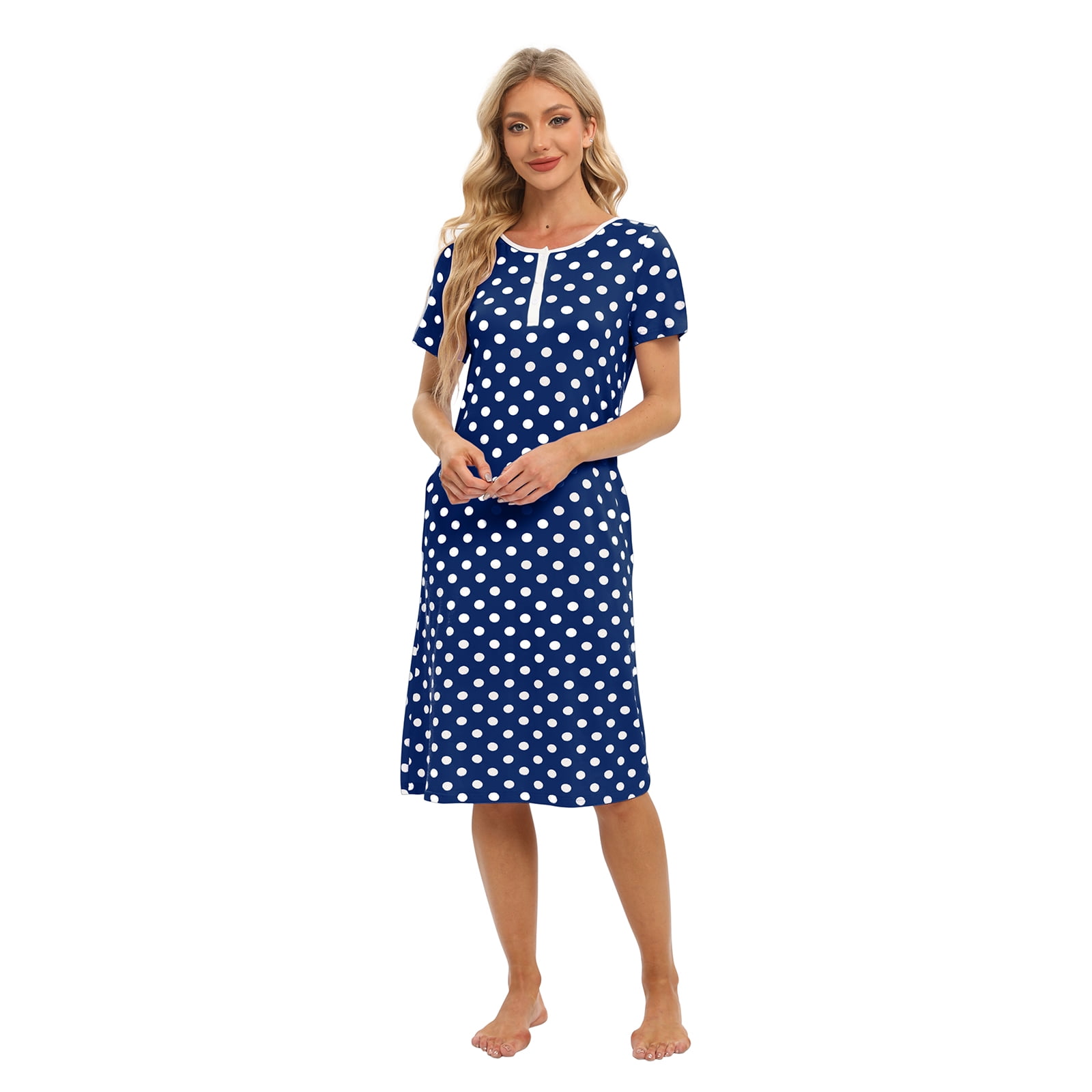 WBQ Polka Dot Nightgowns for Women Soft Cotton Sleepwear O Neck House ...