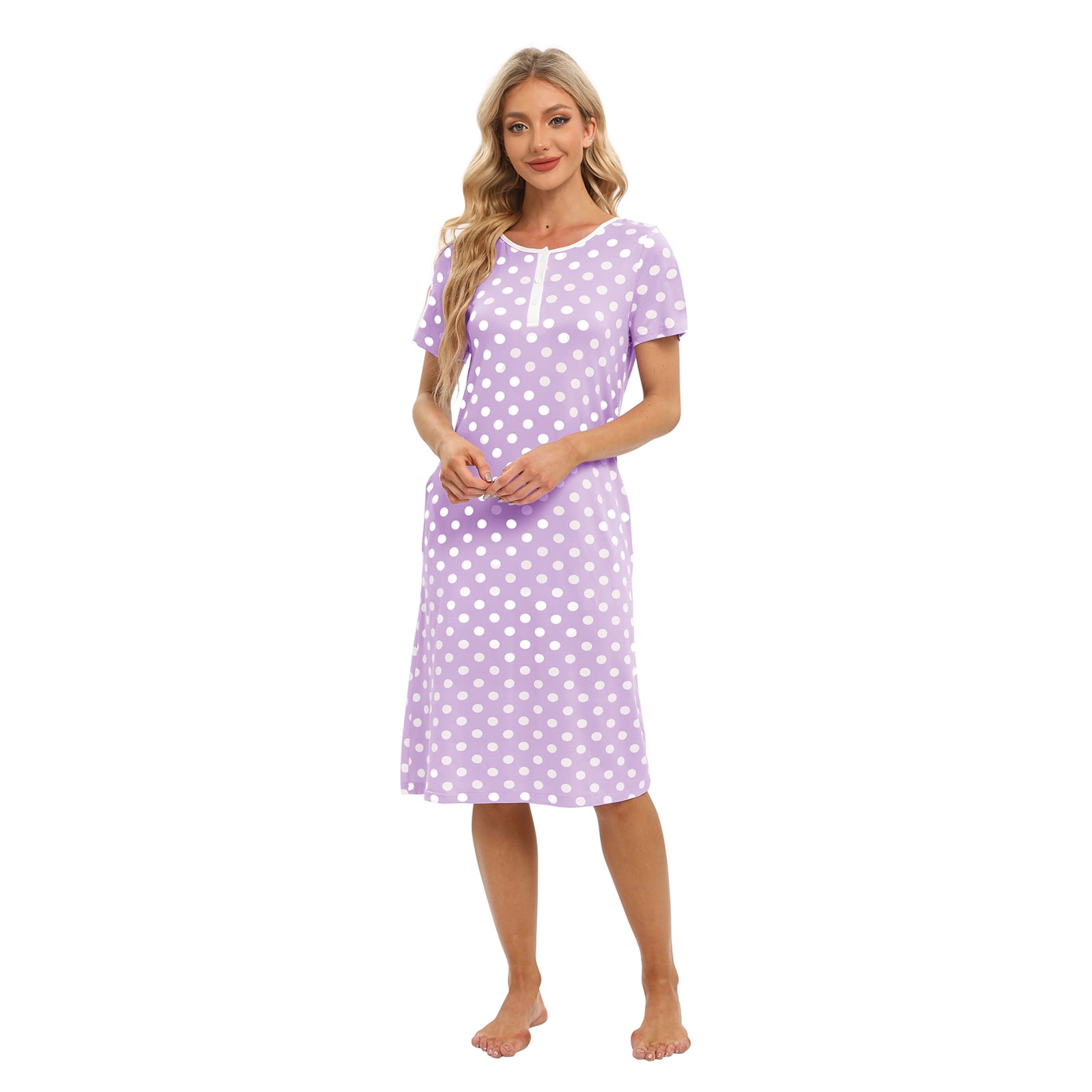 WBQ Polka Dot Nightgowns for Women Soft Cotton Sleepwear O Neck House ...