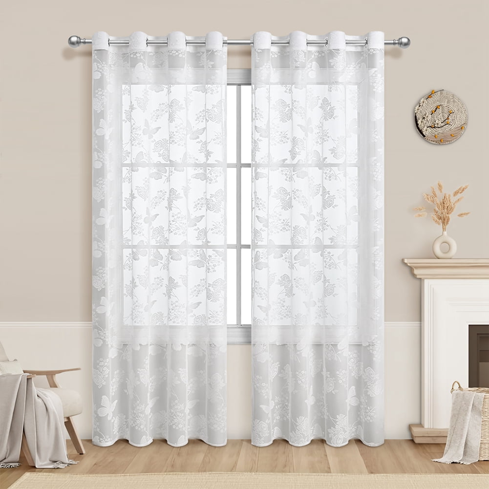 WBQ White Lace Semi Sheer Curtains Butterfly Floral Lace Window ...