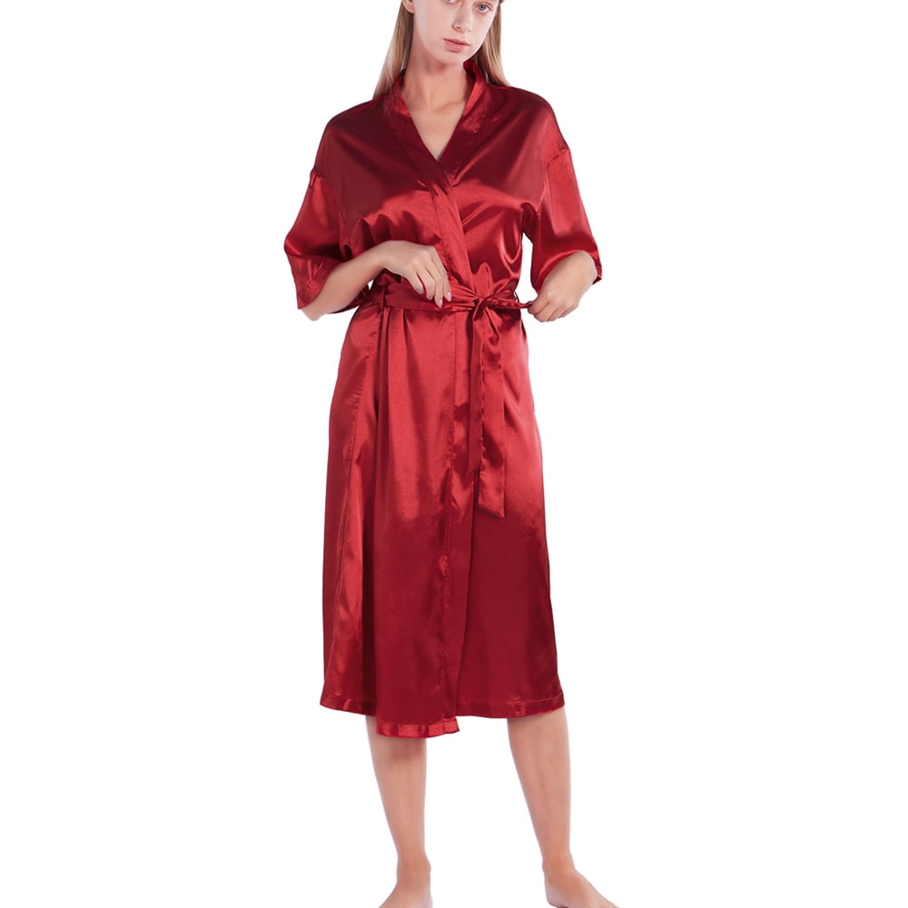 WBQ Women Bathrobe Couple Sleepwear Satin Robes Calf-Length Night Robes ...