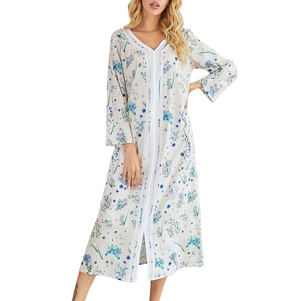 WBQ Women Nightgown Long Sleeve Sleepwear Loungewear V Neck Floral ...