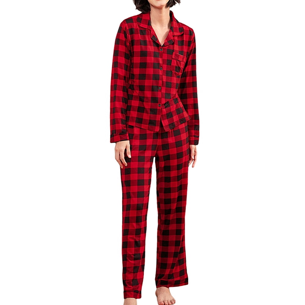 WBQ Women Pajamas Set Long Sleeve Plaid Sleepwear Button Down Shirt ...