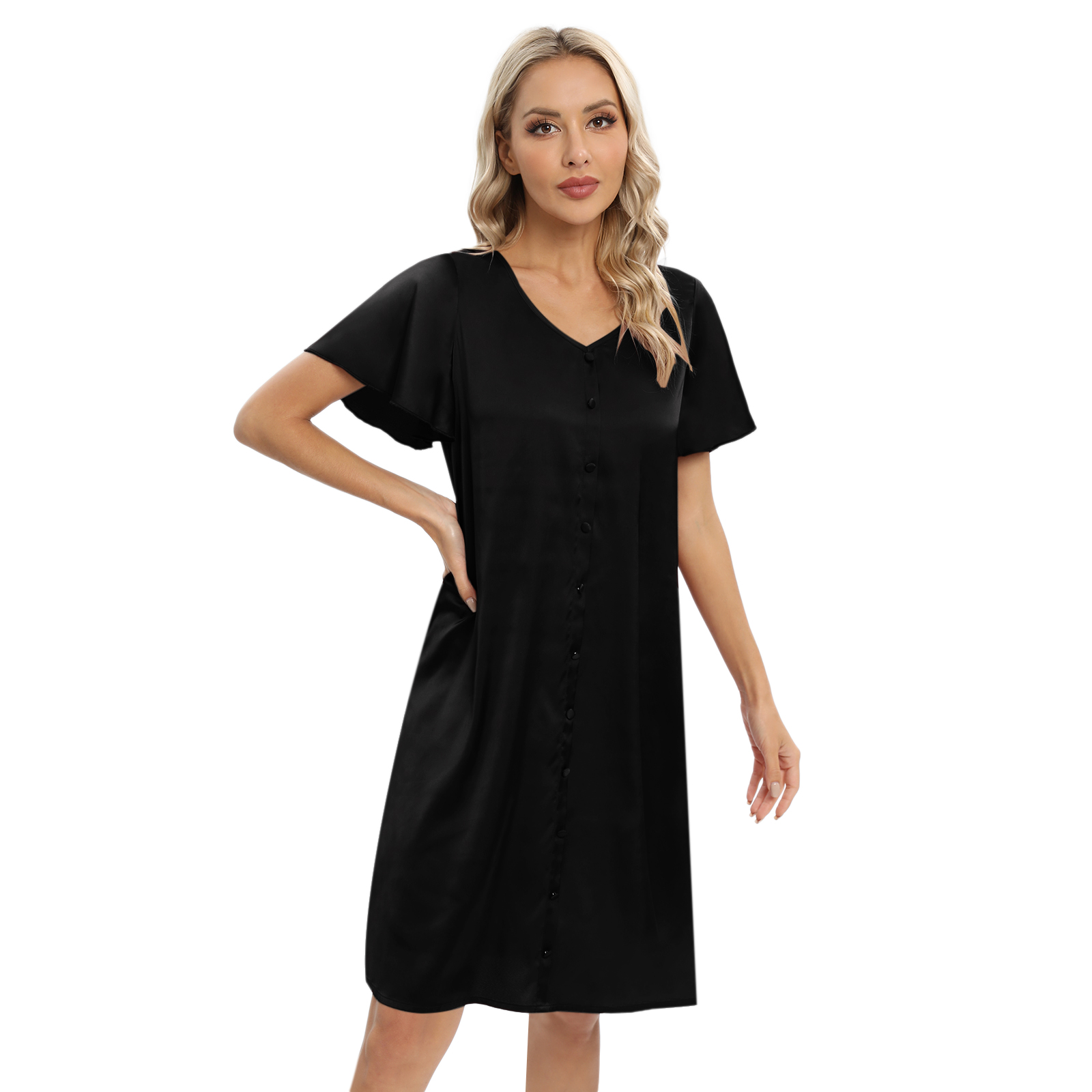 WBQ Women Satin Nightgown Short Sleeve Silk Sleepshirt V Neck Button ...