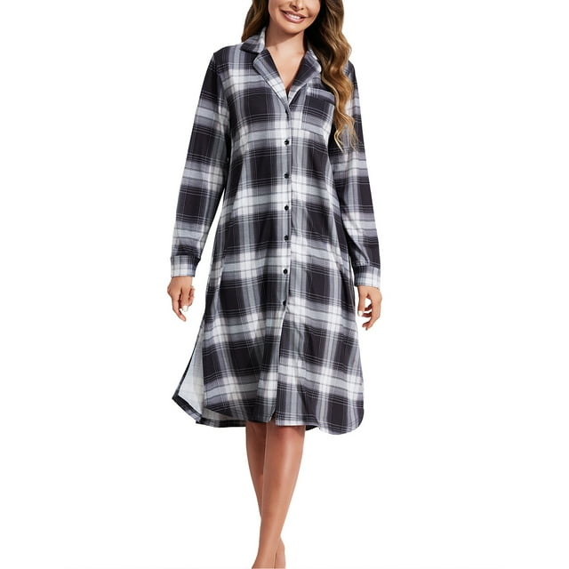 WBQ Women Sleepshirt Flannel Cotton Nightshirt Plaid Nightgowns Long ...