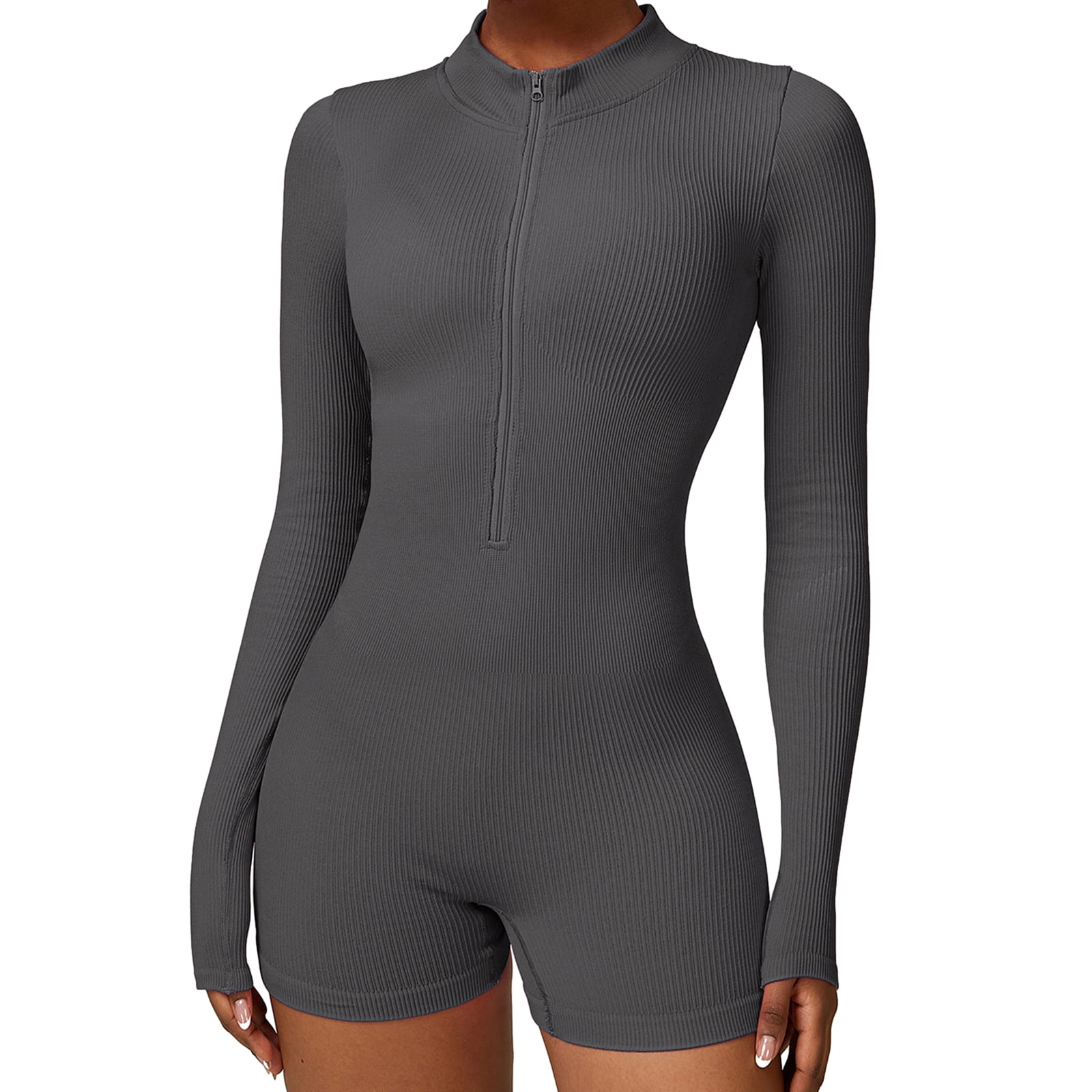 WBQ Women Yoga Romper Workout Ribbed Long Sleeve Sport Romper High Neck ...