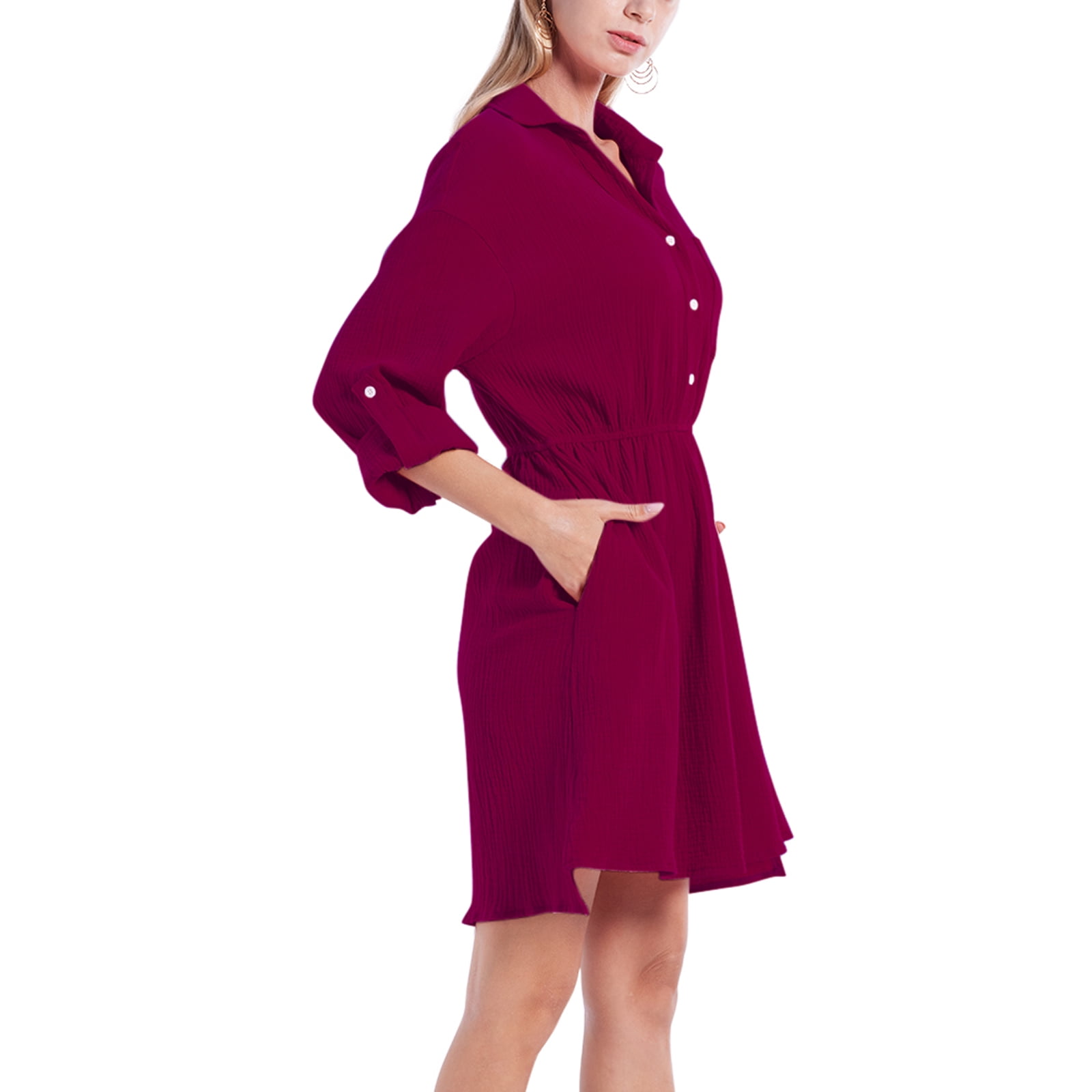 WBQ Women's Button Down Shirt Dress with Pockets V Neck 3/4 Roll-up ...