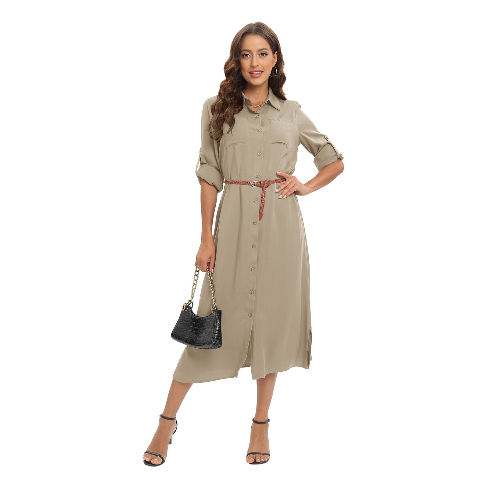 WBQ Women's Collar Button Down Short/Long Sleeve Midi Dress with Waist ...