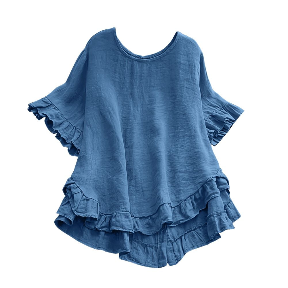 WBQ Women's Linen Tunic Tops Summer Ruffle Short Sleeve Crew Neck Loose ...