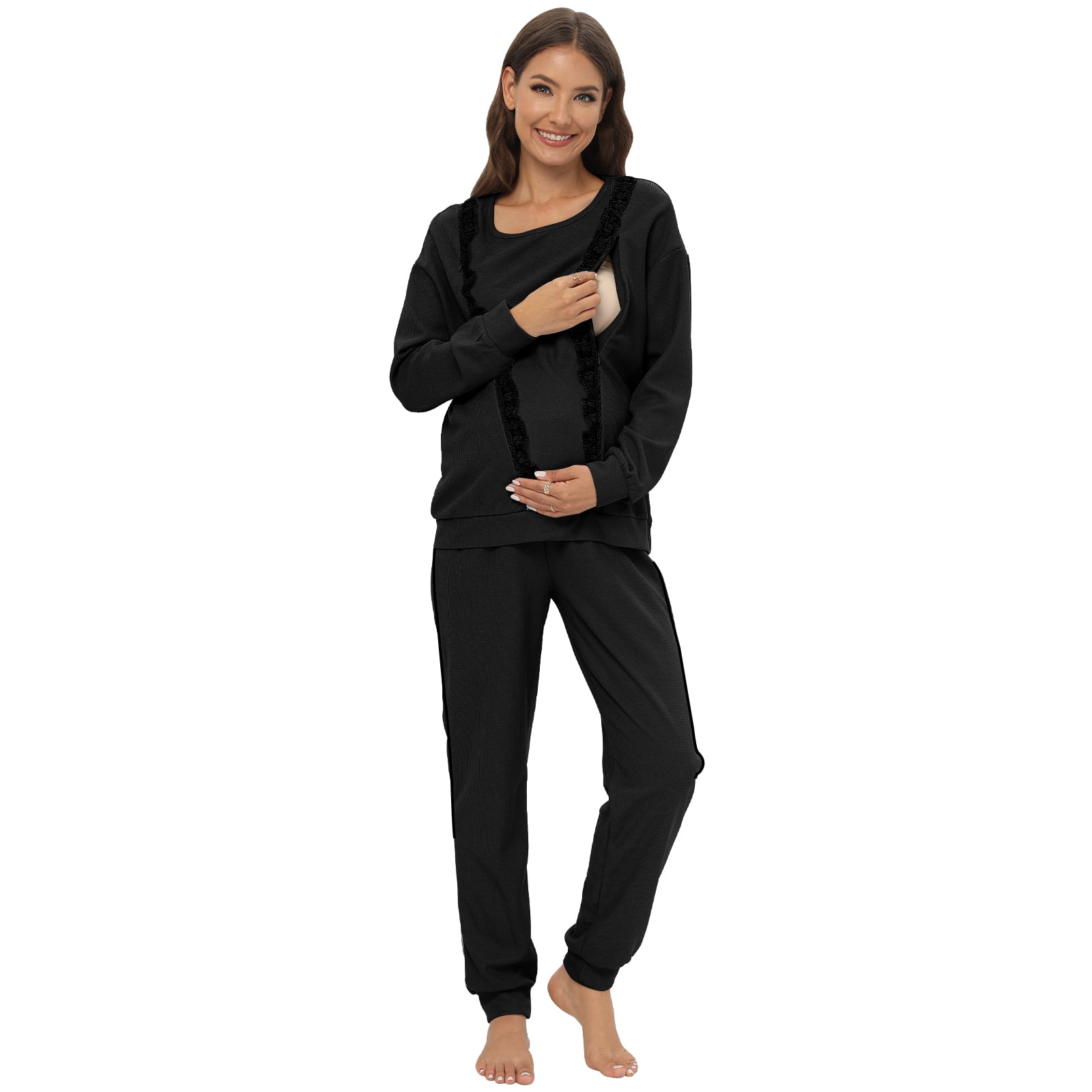 Wbq Womens Maternity Nursing Pajamas Set Long Sleeve Lace Stitching