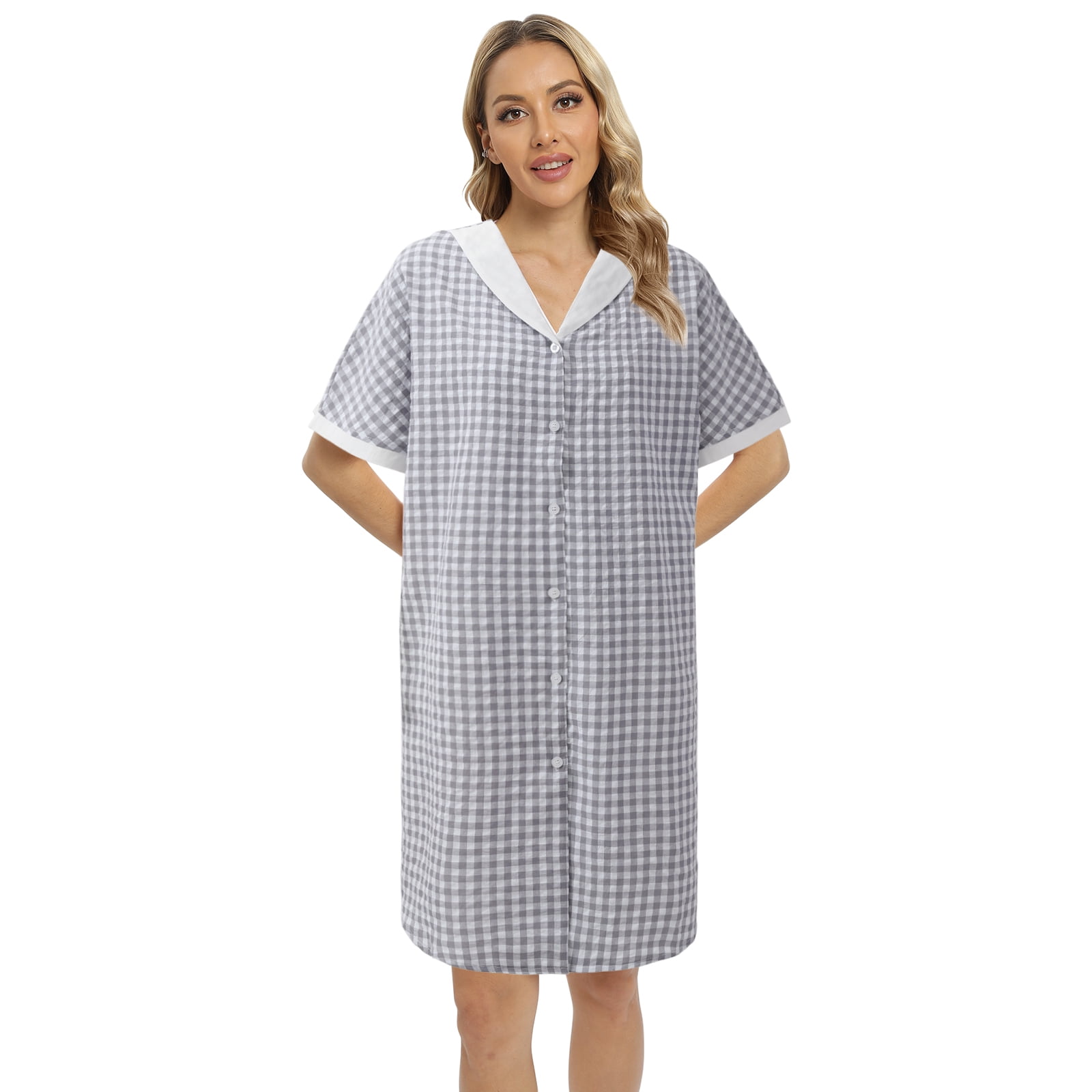 WBQ Women's Nightgown Cotton Linen Plaid Nightdress Short Sleeve ...