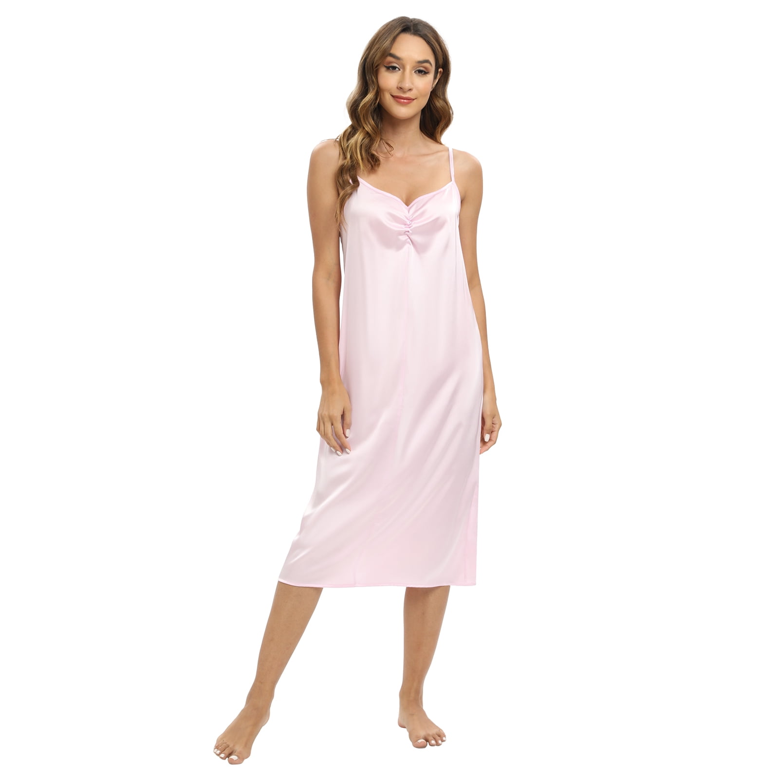 WBQ Women's Nightgown Satin Spagetti Strap Slip Chemise Ruched Sleep ...