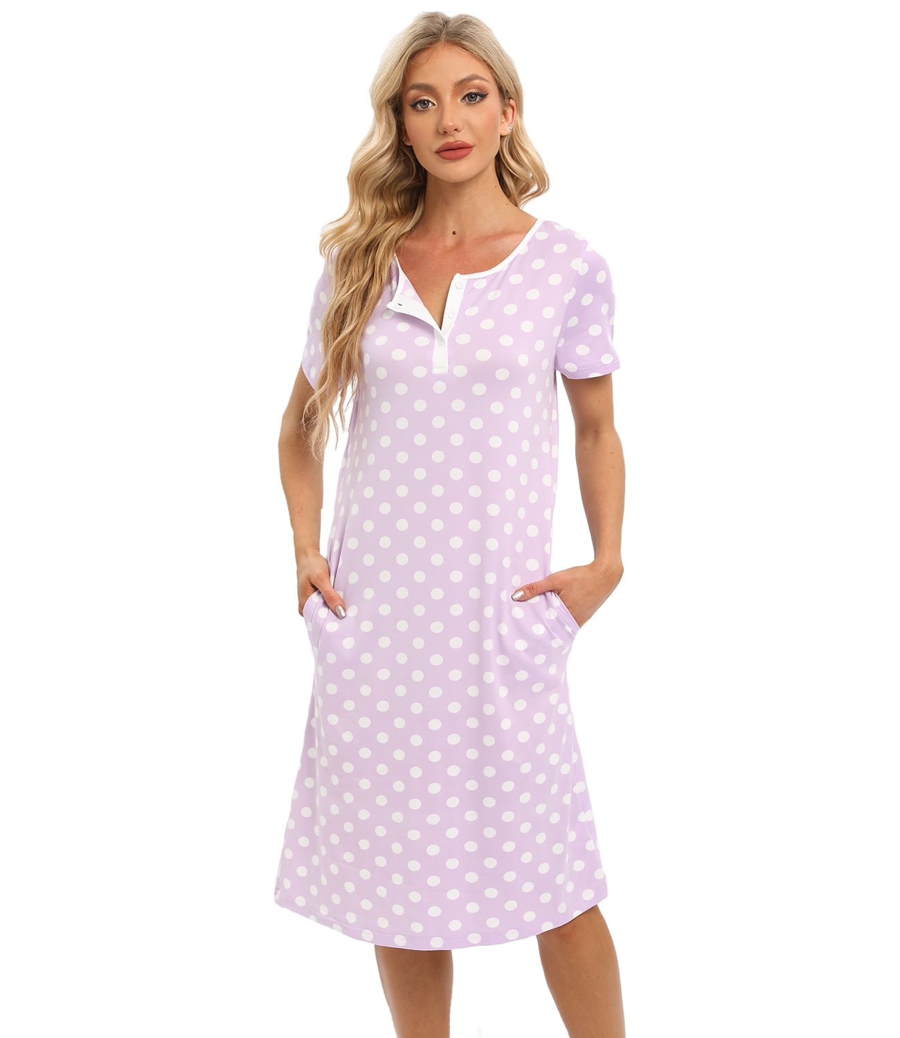 WBQ Women's Nightgown Short Sleeve Polka Dot Sleepshirts Spring Summer ...