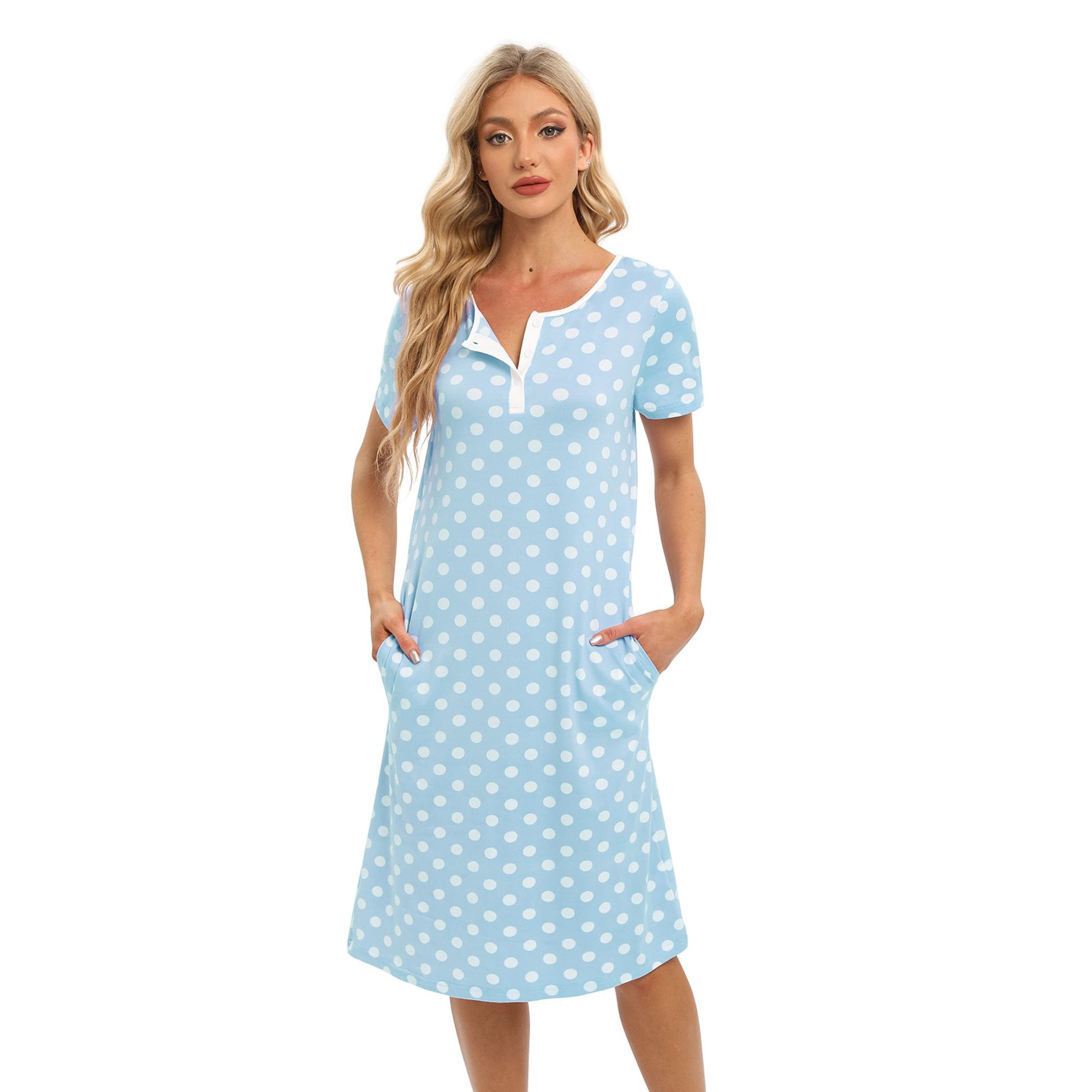 WBQ Women's Nightgown Short Sleeve Polka Dot Sleepshirts Spring Summer ...