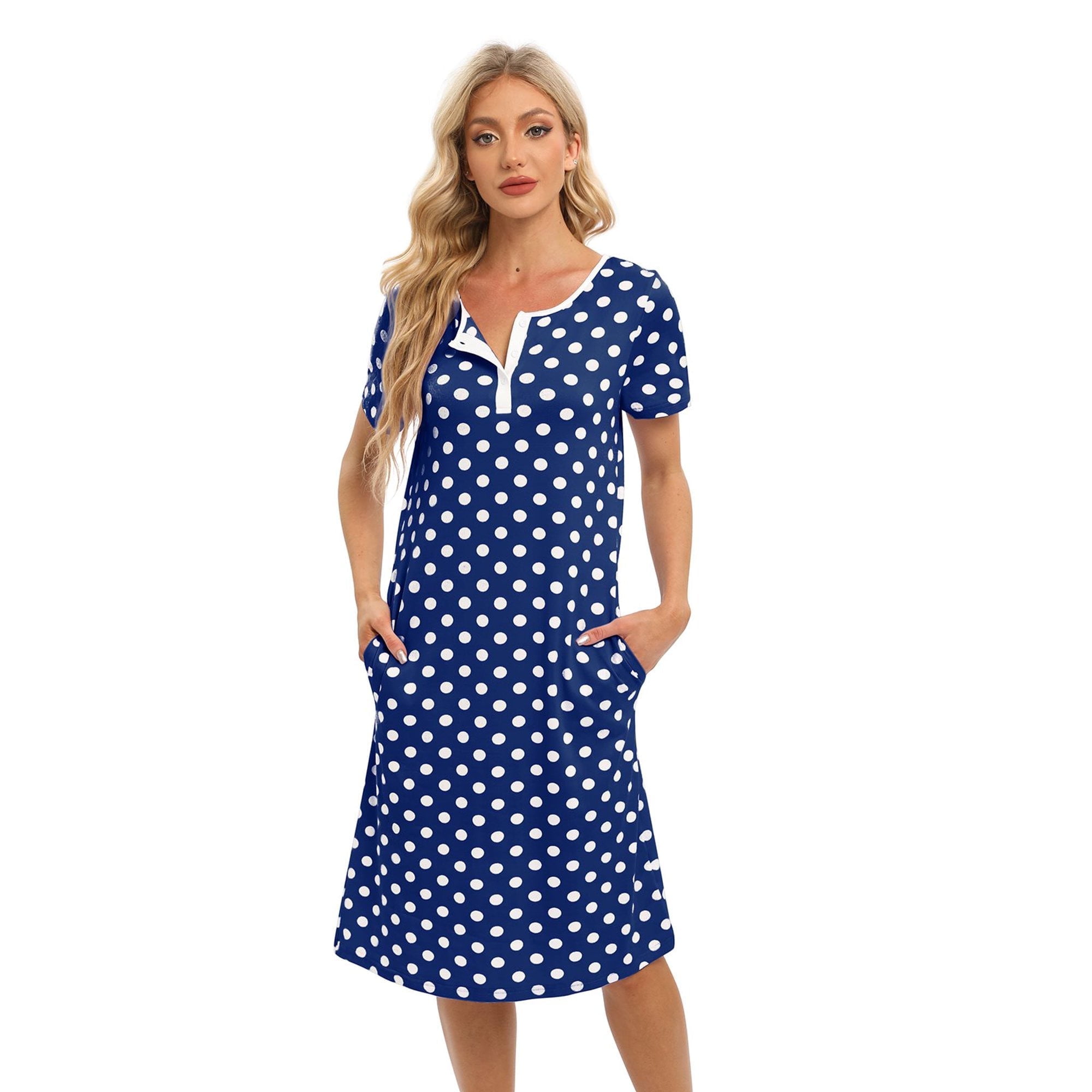 WBQ Women's Polka Dot Nightgown, Short Sleeve, Button Down, Pockets ...