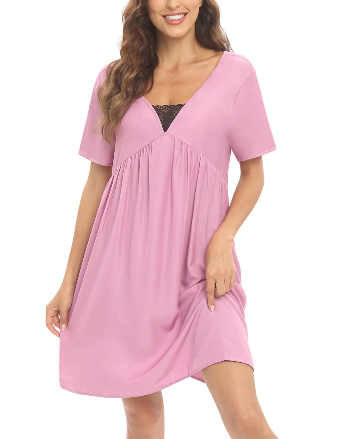 WBQ Women's Nightgowns Short Sleeve Sleepwear Lace Stitching V-neck ...